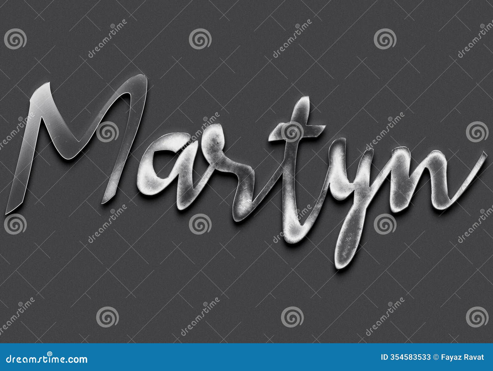 Chrome Metal 3D Name Design of Martyn on Grey Background. Stock Image ...