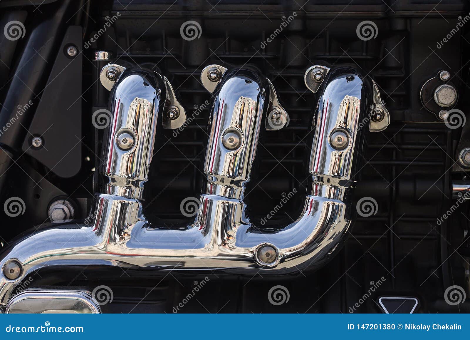 Chrome Motorcycle Exhaust System Near the Engine Stock Photo - Image of ...