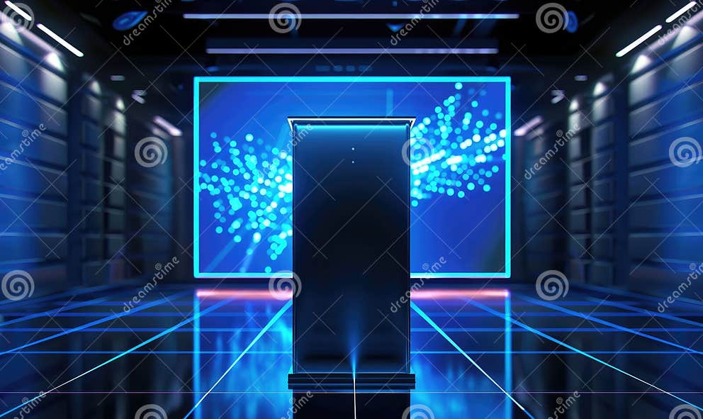 Chrome Pedestal with Sleek Design, High-tech Digital Screen Backdrop ...