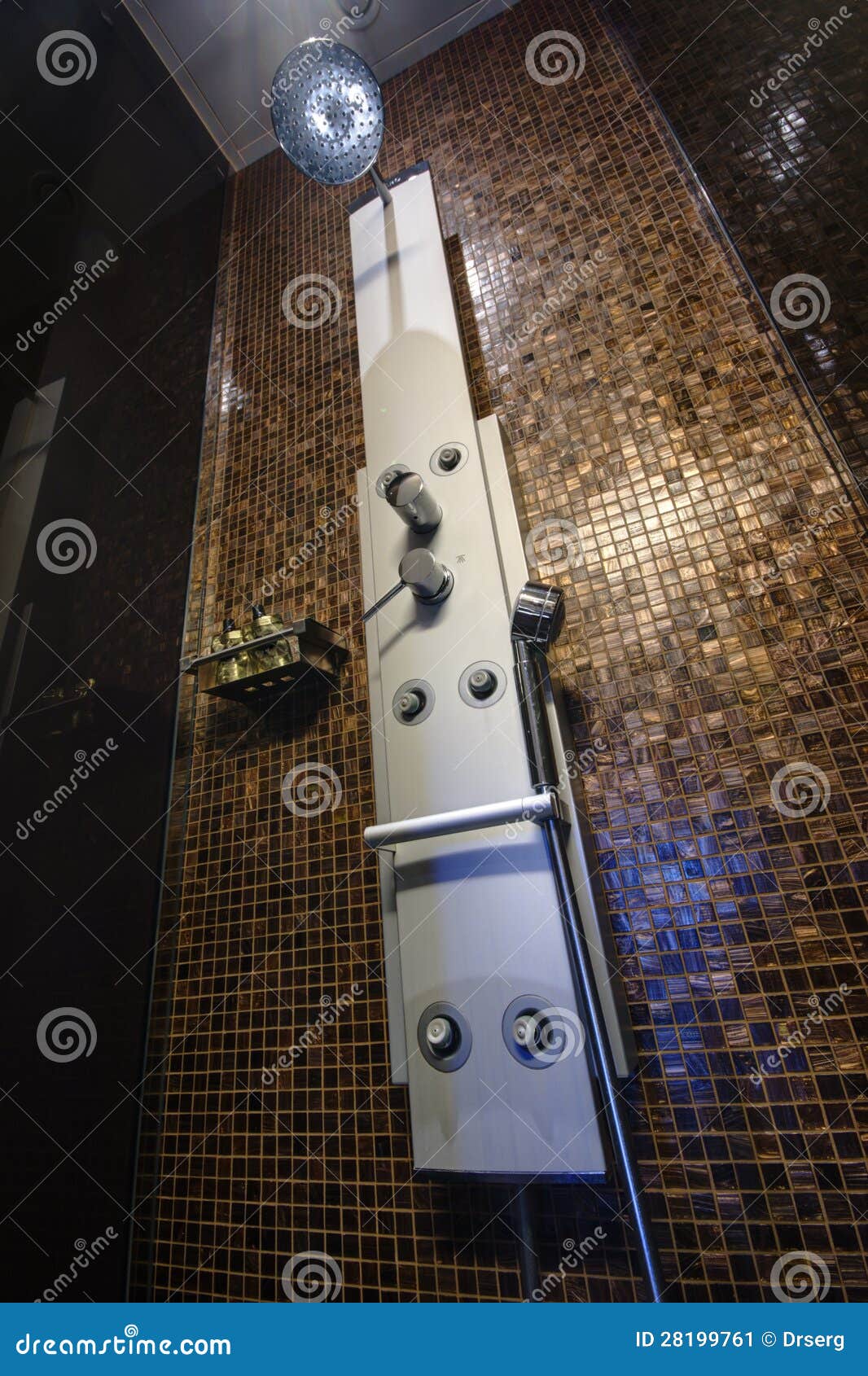 Chrome-plated Sprinkle Shower with Sprayers at the Tiled Wall Stock ...