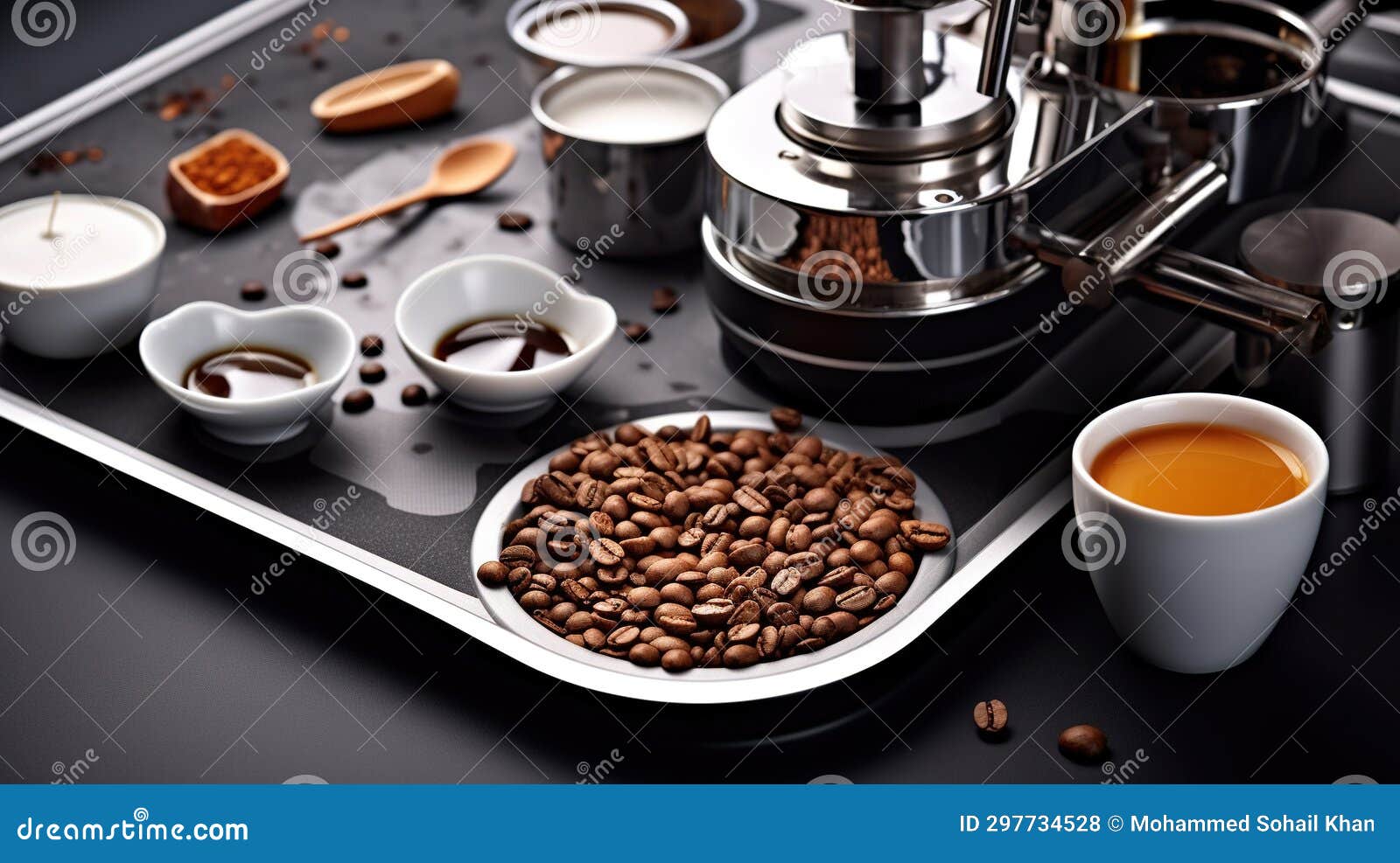 A Chrome Portafilter Espresso Machine on a Black Marble Plate White ...