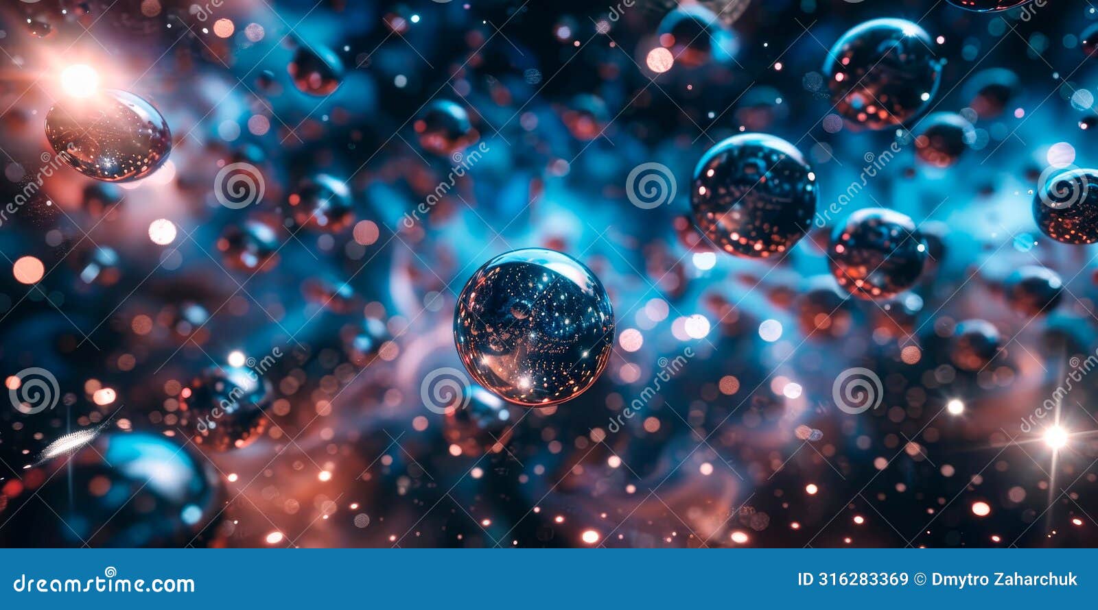 Chrome Spheres Floating in a Zero-gravity Environment with a Starry Sky ...