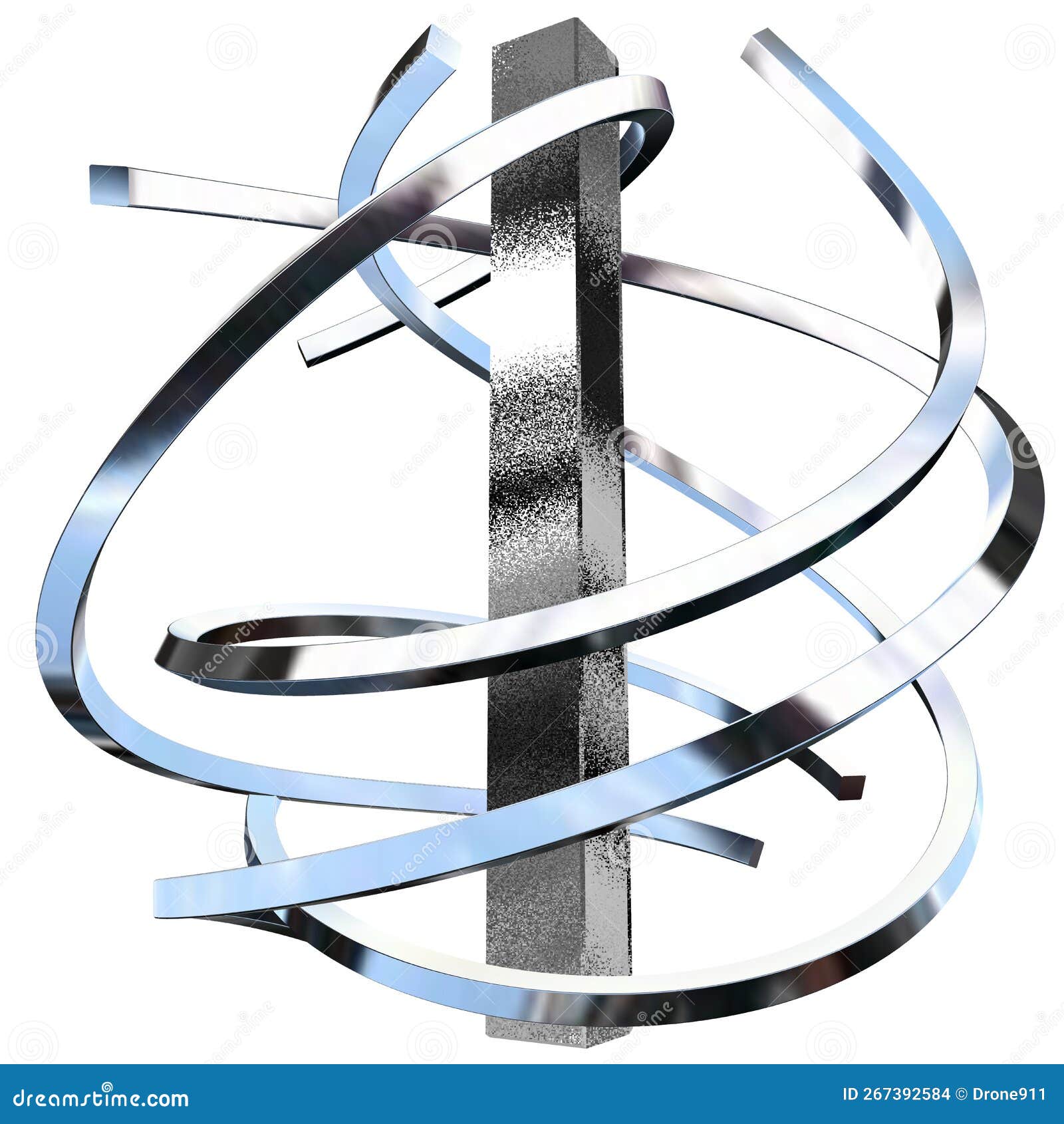 Chrome Splines and Long Rectangle in Abstract Rotation. 3D Render Stock ...