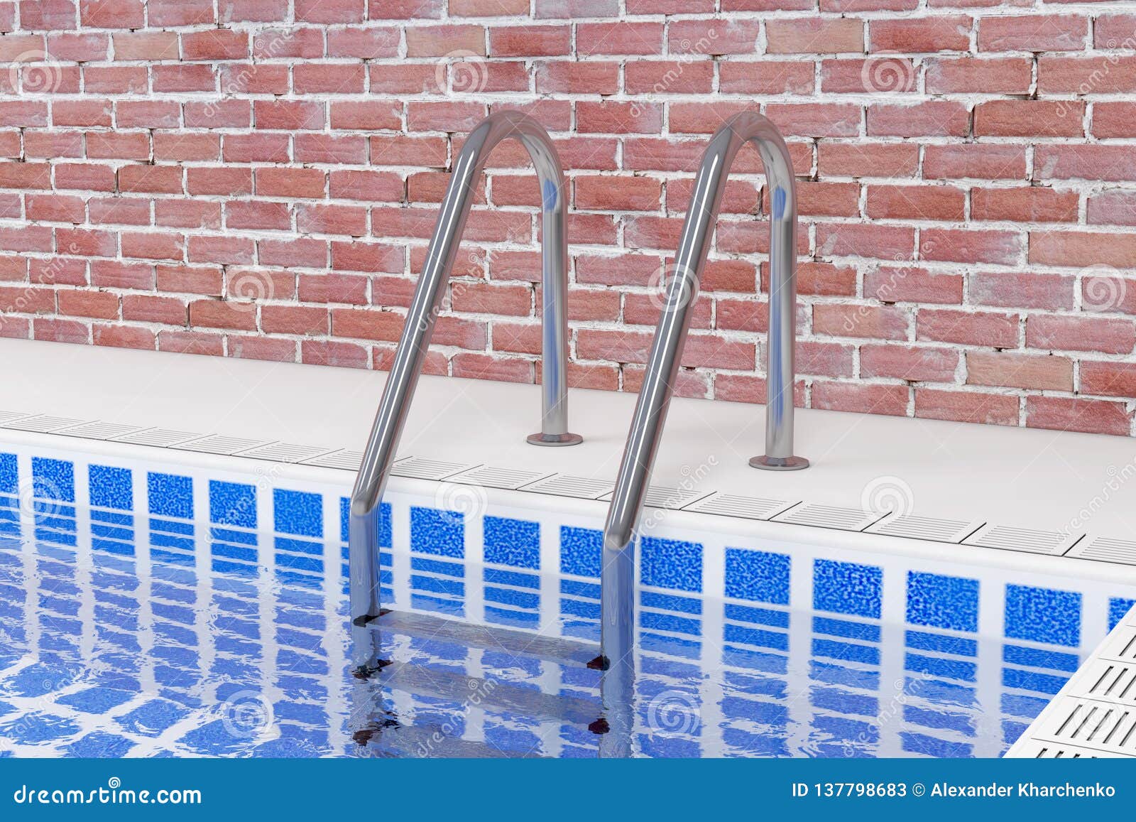 Chrome Swimming Pool Ladder in Swimming Pool in Front of Brick Wall ...