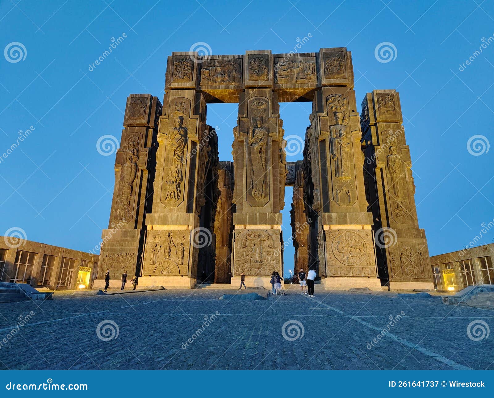 Chronicles of Georgia Monument Illuminated by Lights in the Evening ...