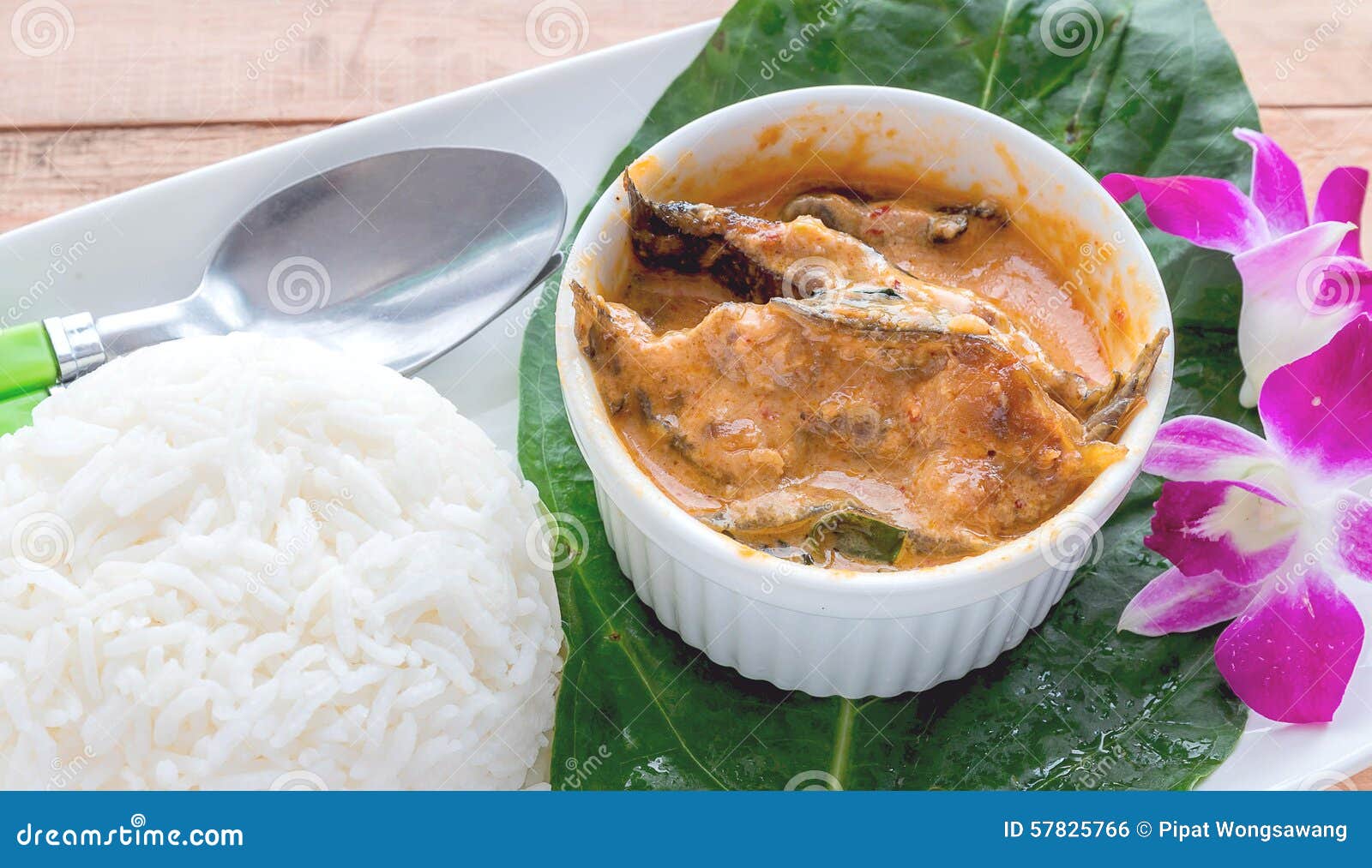 Chu Chee fish with rice stock photo. Image of herb, asia - 57825766
