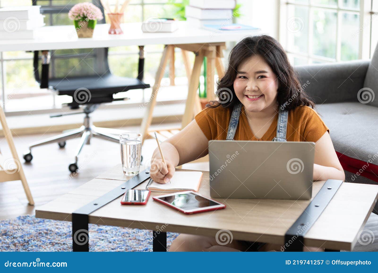 Chubby Woman Looking at Laptop Computer and Writing on Notebook for ...