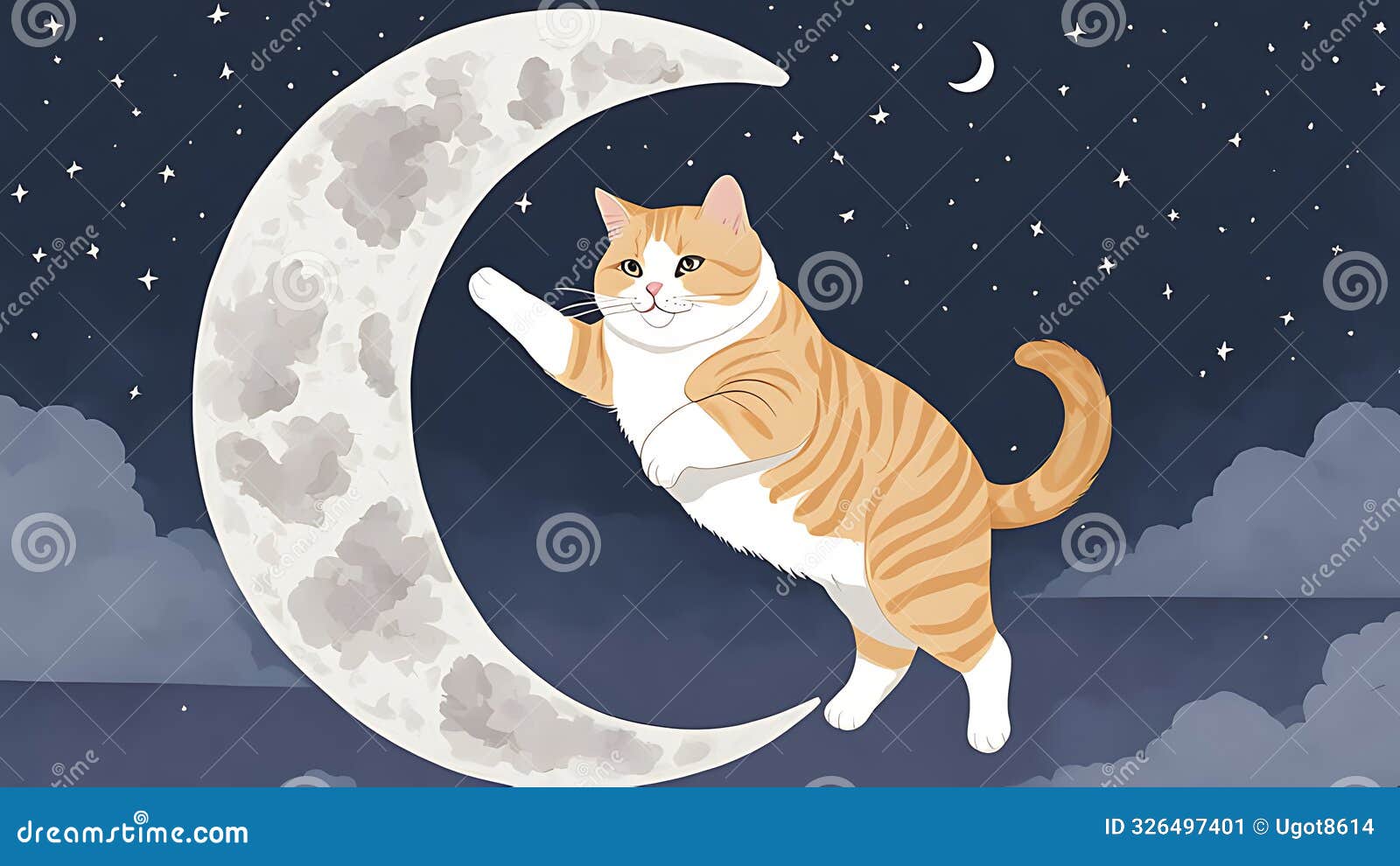 A Chubby Cat Climbing and Hanging from a Crescent Moon Stock ...