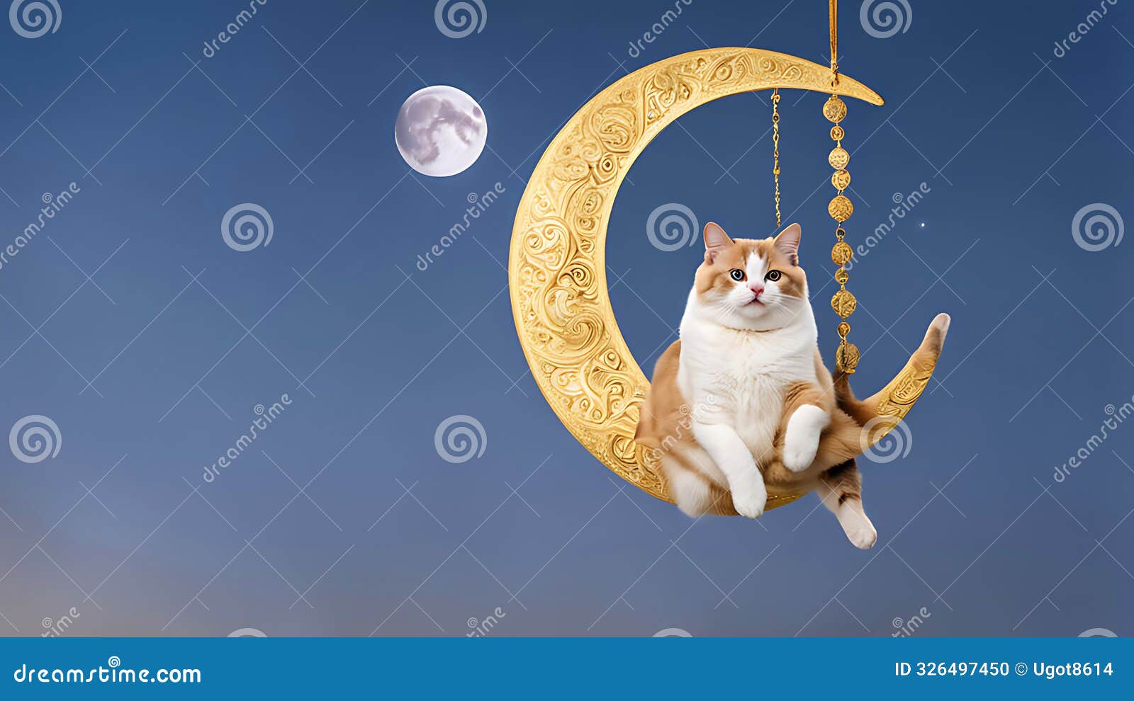 A Chubby Cat Climbing and Hanging from a Crescent Moon Stock ...
