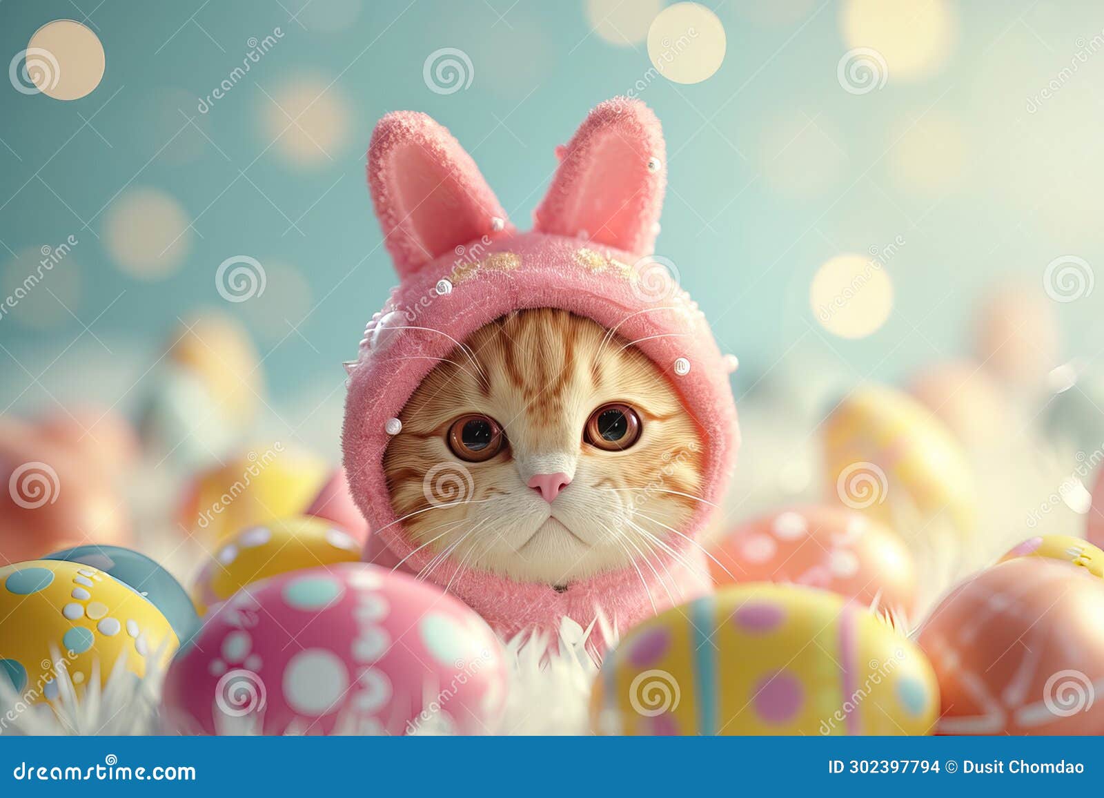 Chubby Ginger Cat Wearing a Pink Rabbit Costume, with Easter Eggs ...