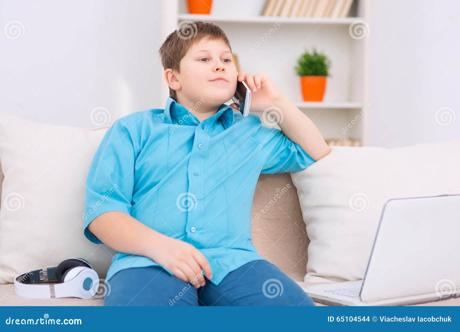 Chubby Kid is Having a Phone Talk Stock Photo - Image of male, house ...