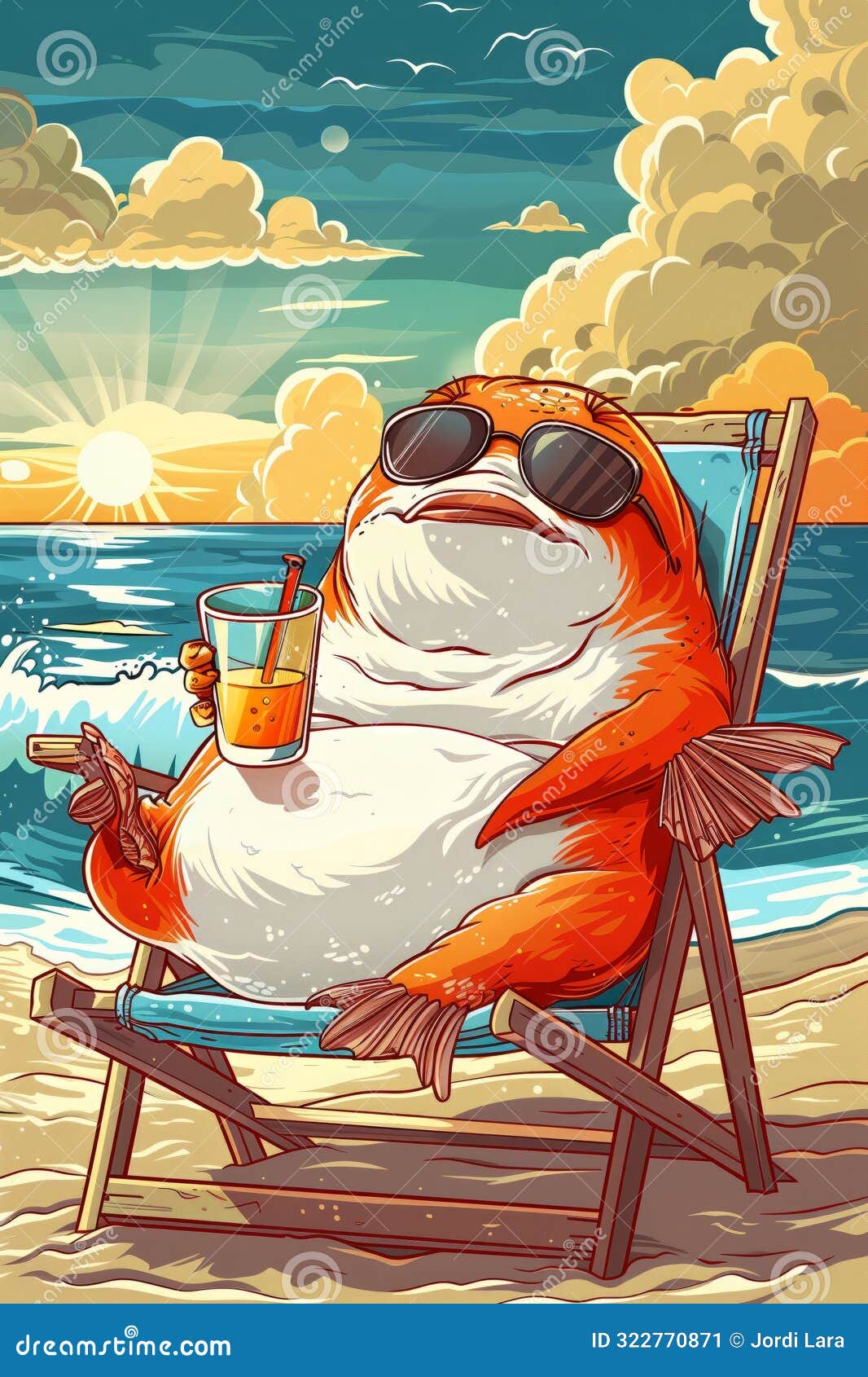 Chubby Nemo Fish with Sunglasses Drinking Juice Sunbathing Stock ...