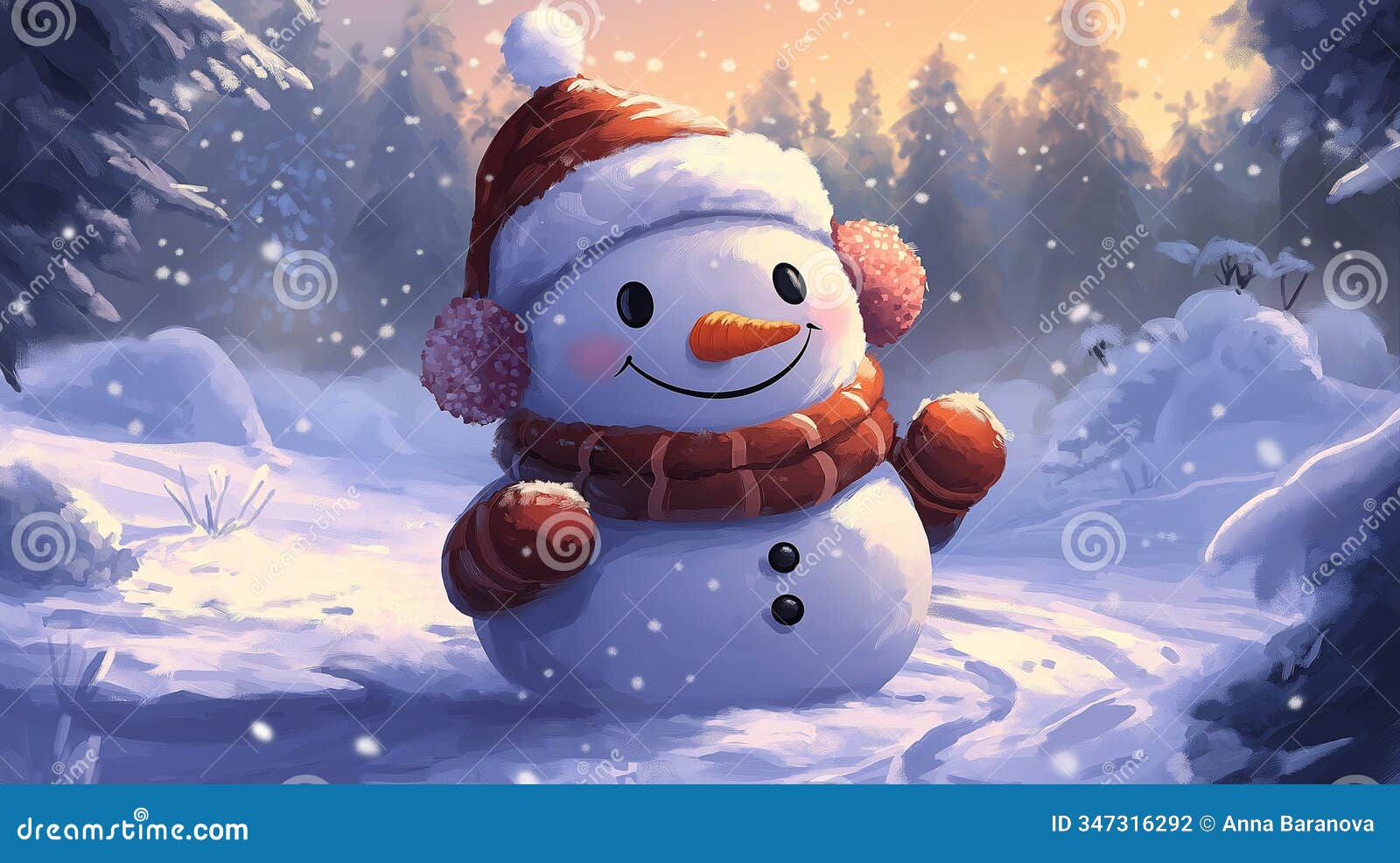 Chubby Snowman with a Big Smile, Wearing Earmuffs and Mittens, Winter Wonderland Background ...
