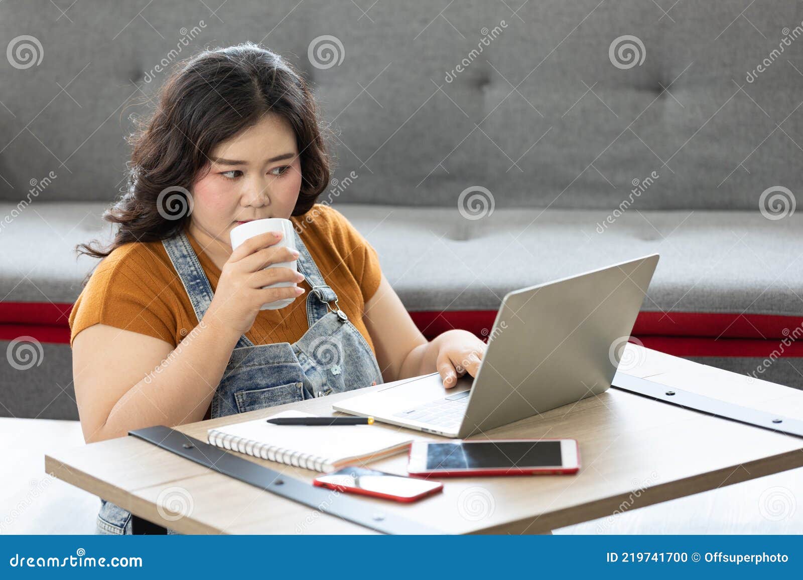 Chubby Woman Works from Home and Studying with Computer Laptop Stock ...