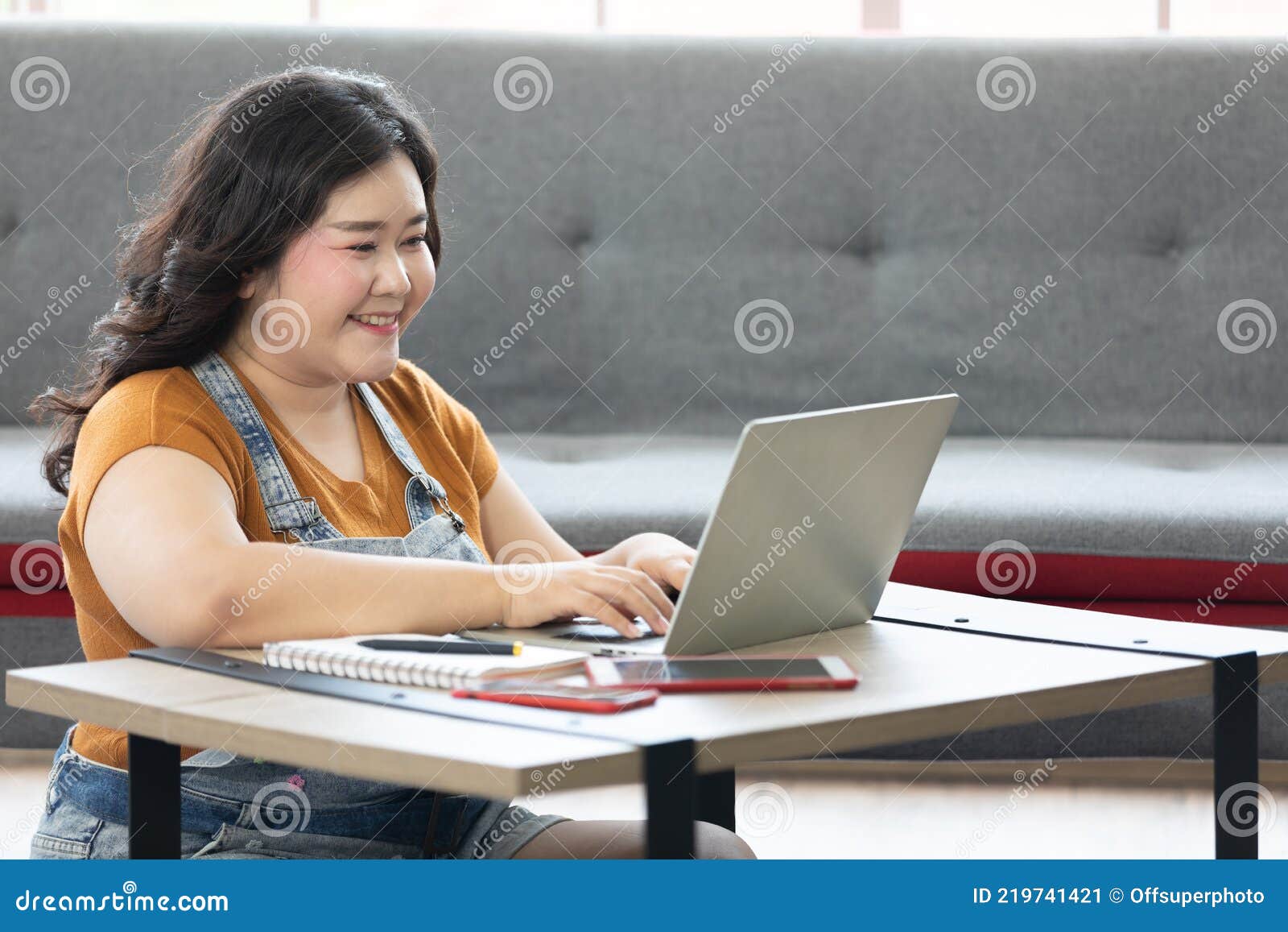 Chubby Woman Works from Home and Studying with Computer Laptop Stock ...