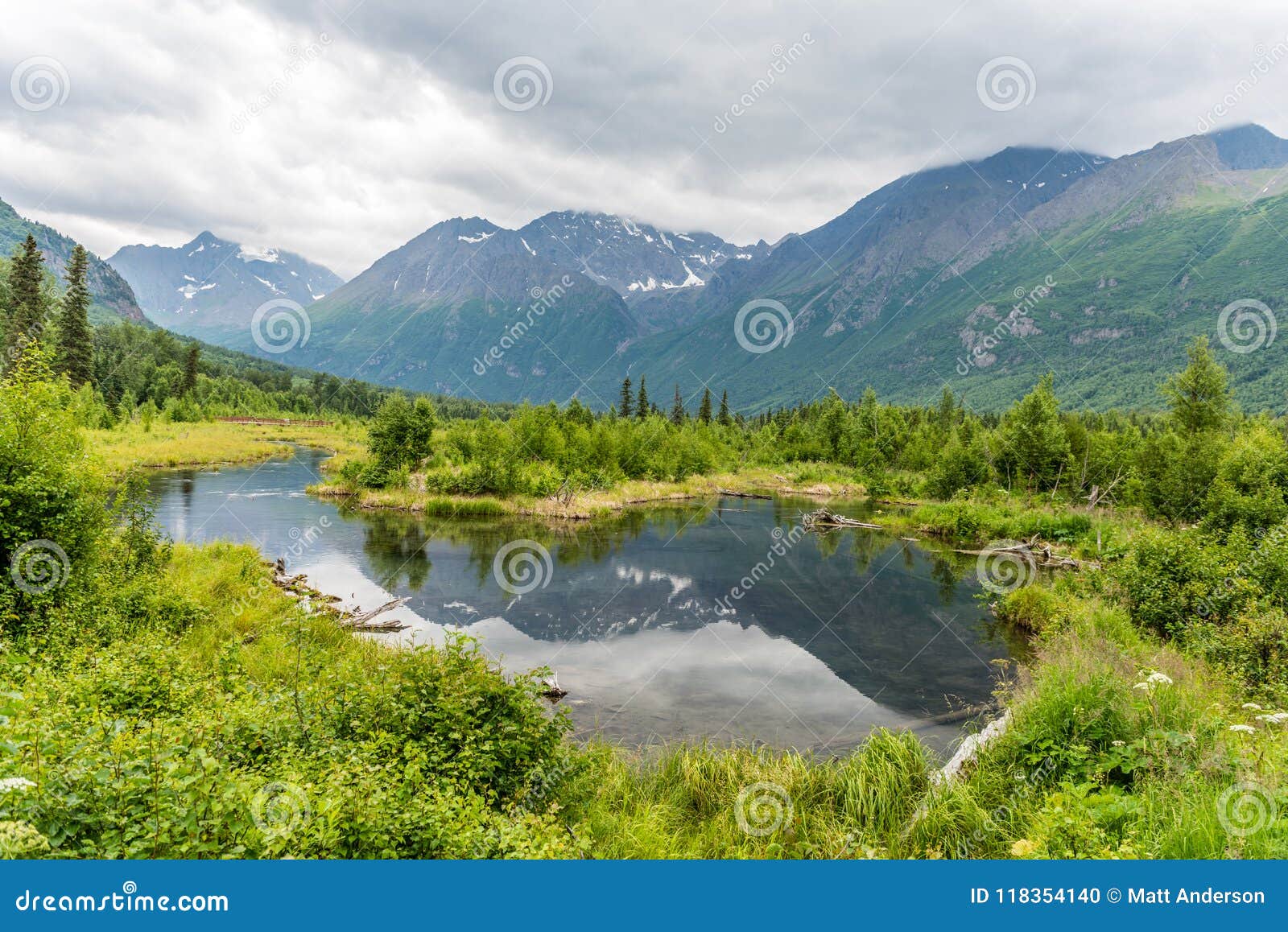 Chugach Mountain Reflections in Alaska`s Eagle River Stock Photo ...