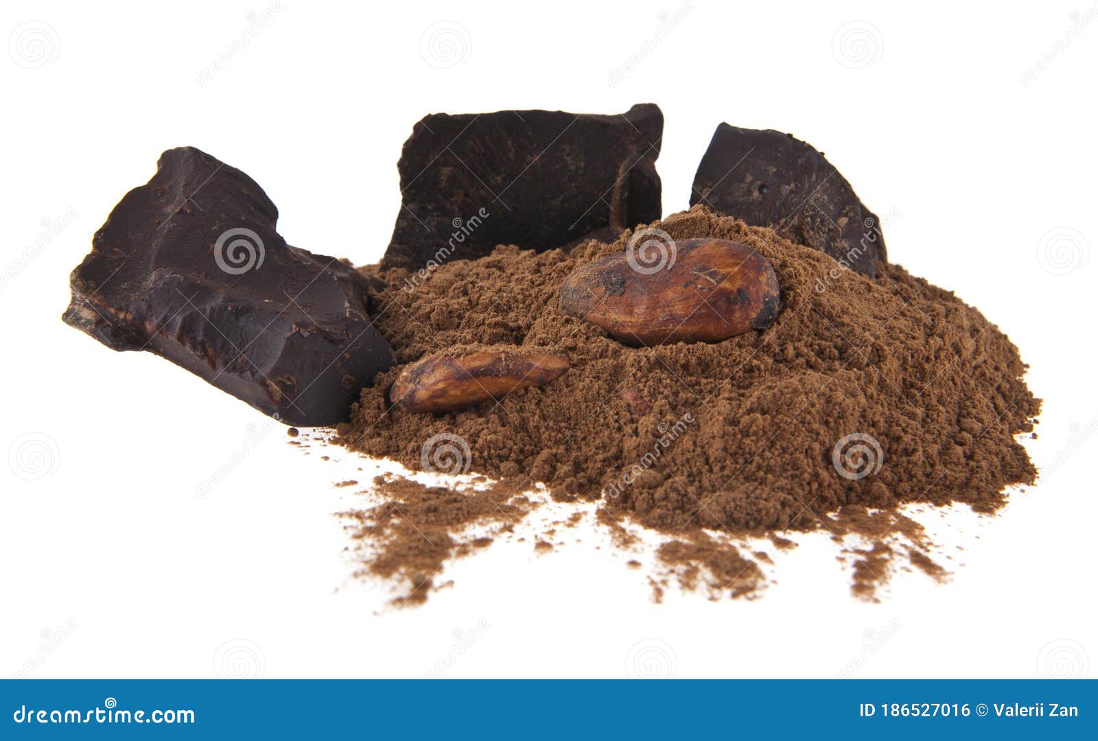 Chunk Chocolate, Grains and Ground Cocoa Isolated on White Background ...