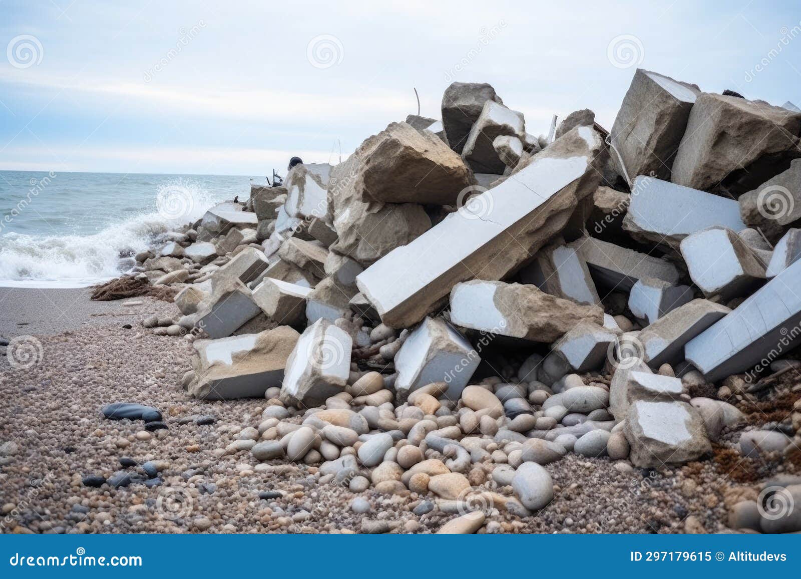 Chunks of a Broken Sea Wall on a Beach Stock Image - Image of debris ...