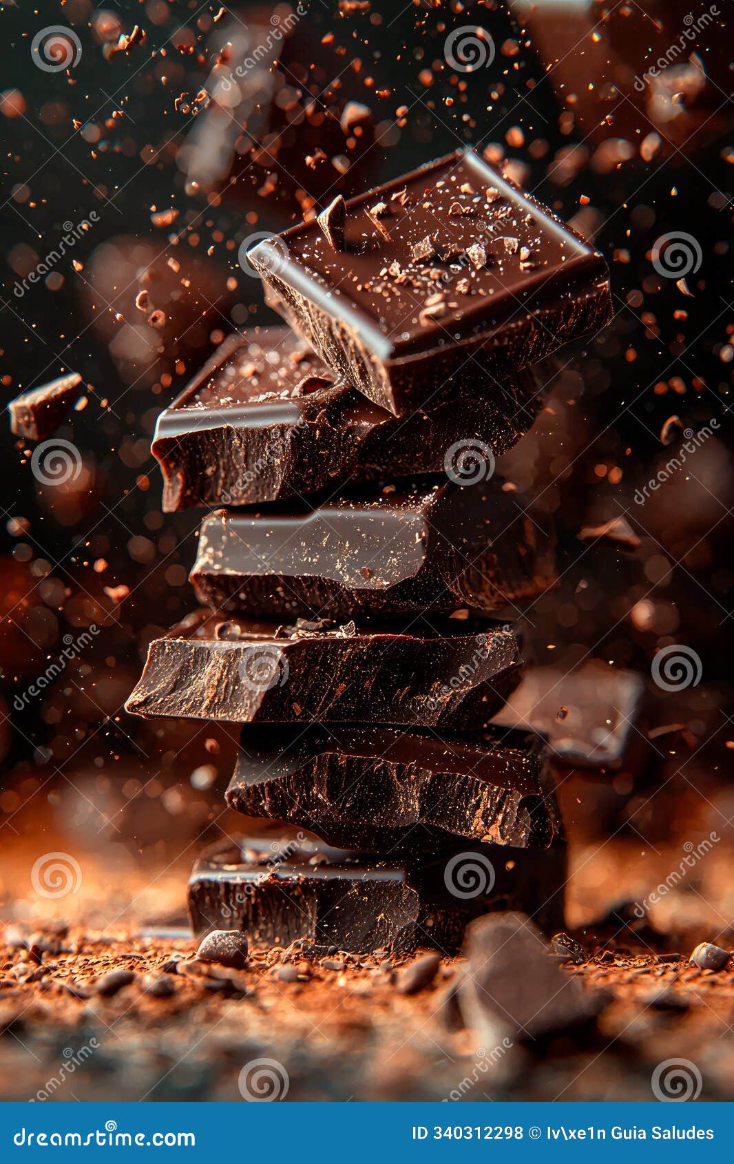 Chunks of Dark Chocolate Falling with Scattered Cocoa Dust on a Dark ...