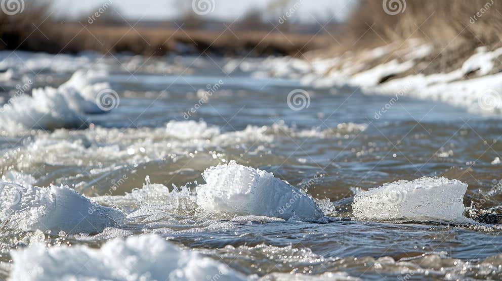 Chunks of Ice Float Down a River Carried Along by the Swift Current ...