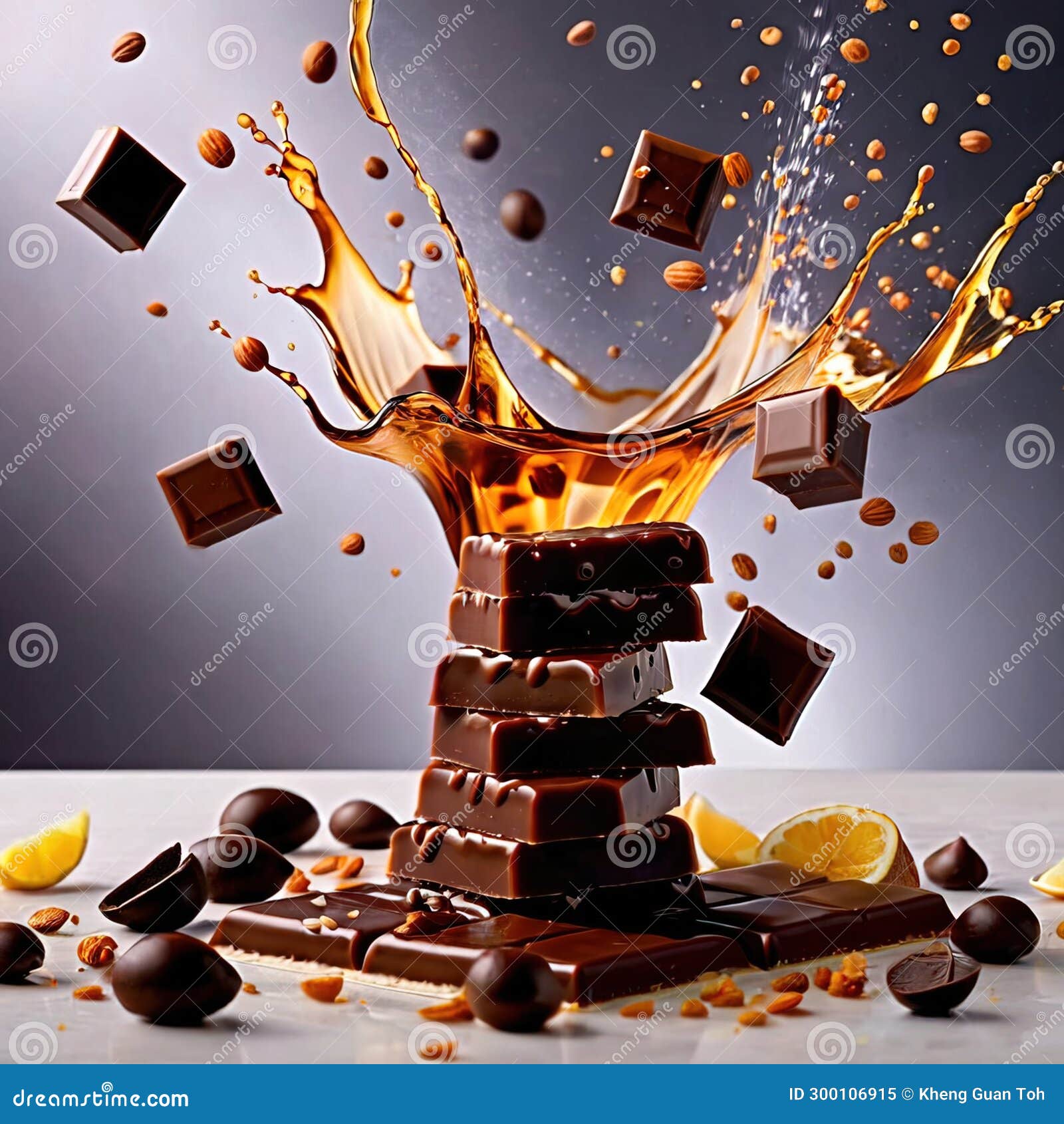 Chunks Of Luxury Dark Chocolate, With Dynamic Melted Splash Effect ...