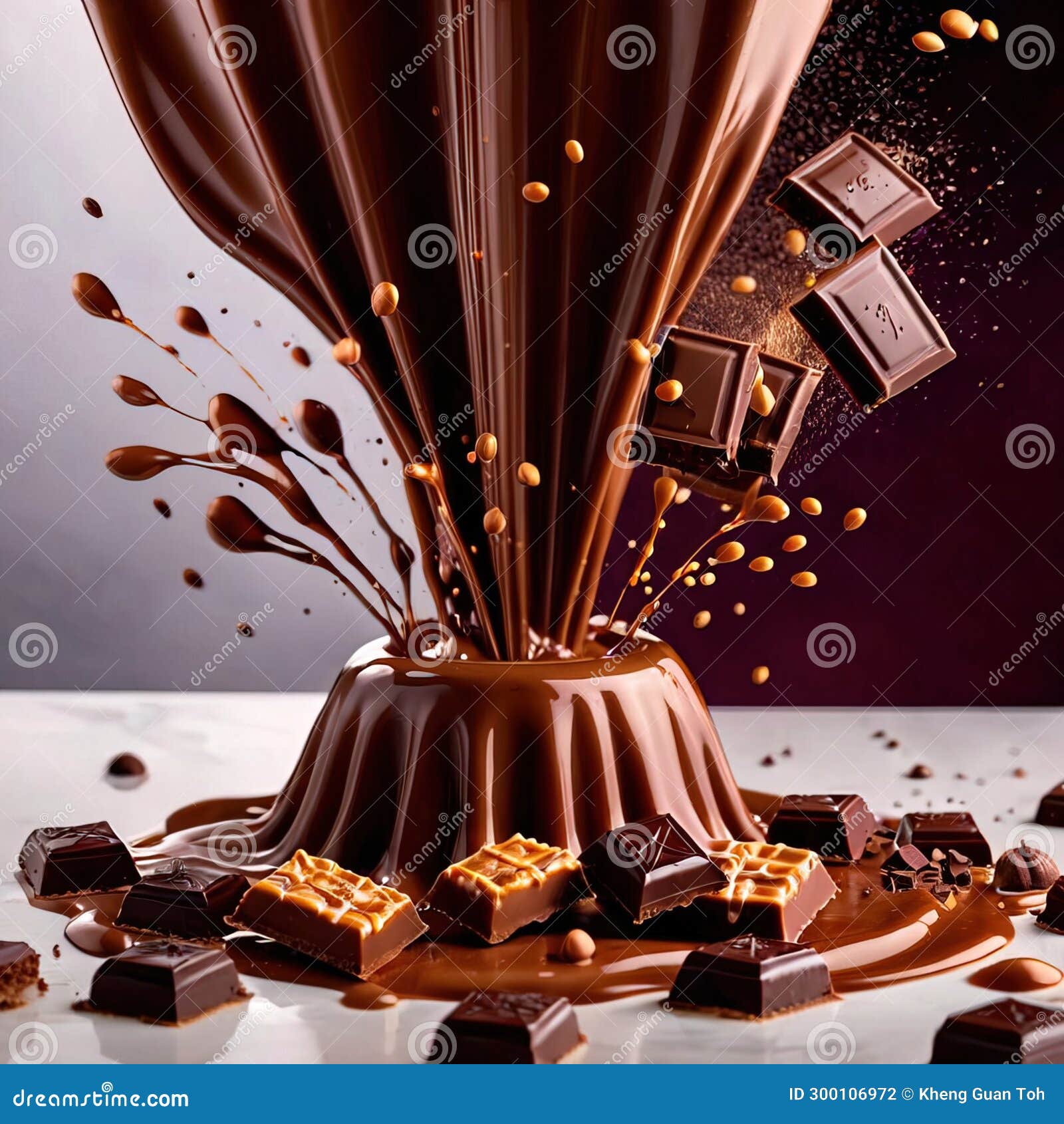 Chunks Of Luxury Dark Chocolate, With Dynamic Melted Splash Effect ...