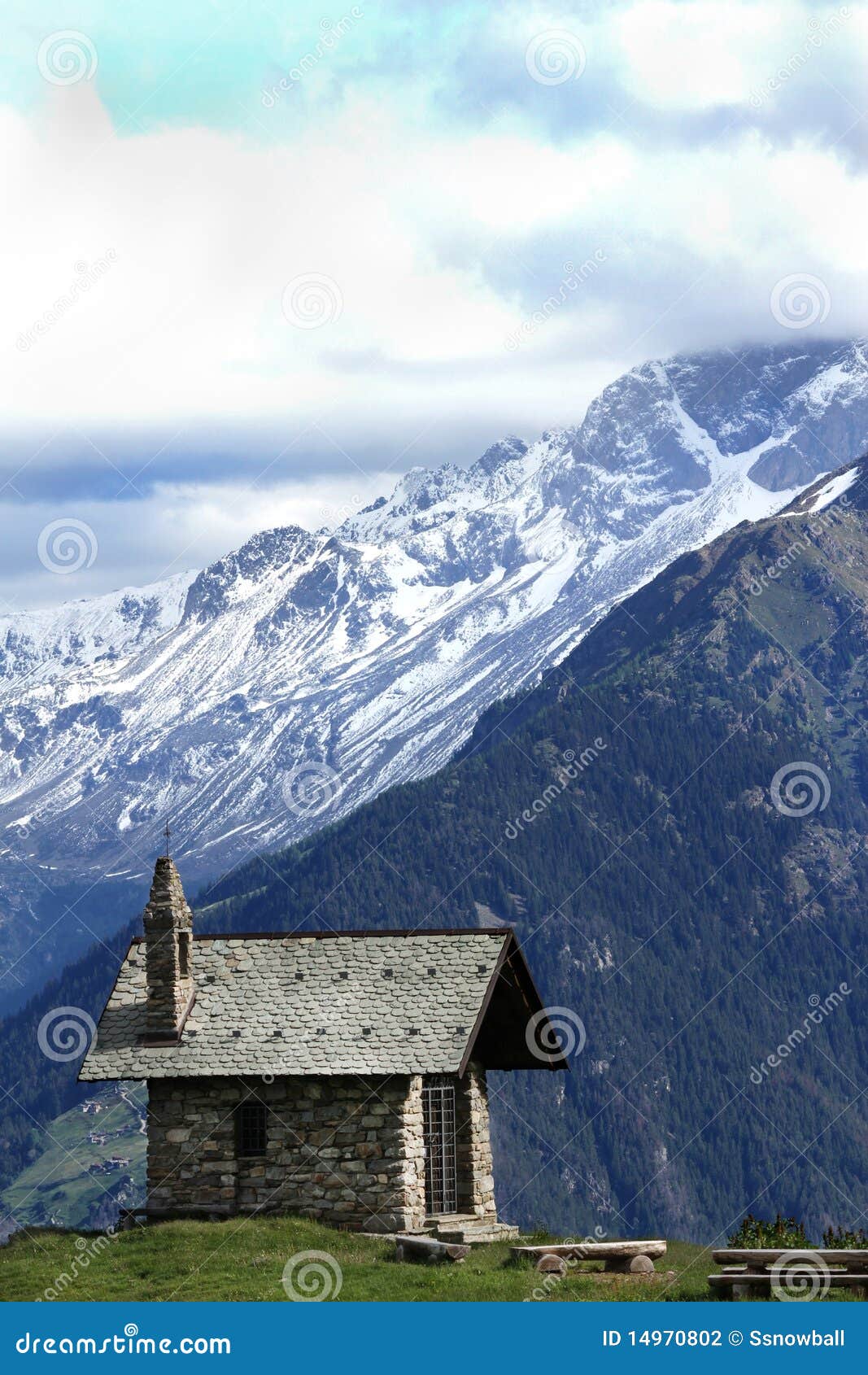 Church in the alps stock photo. Image of church, bench - 14970802