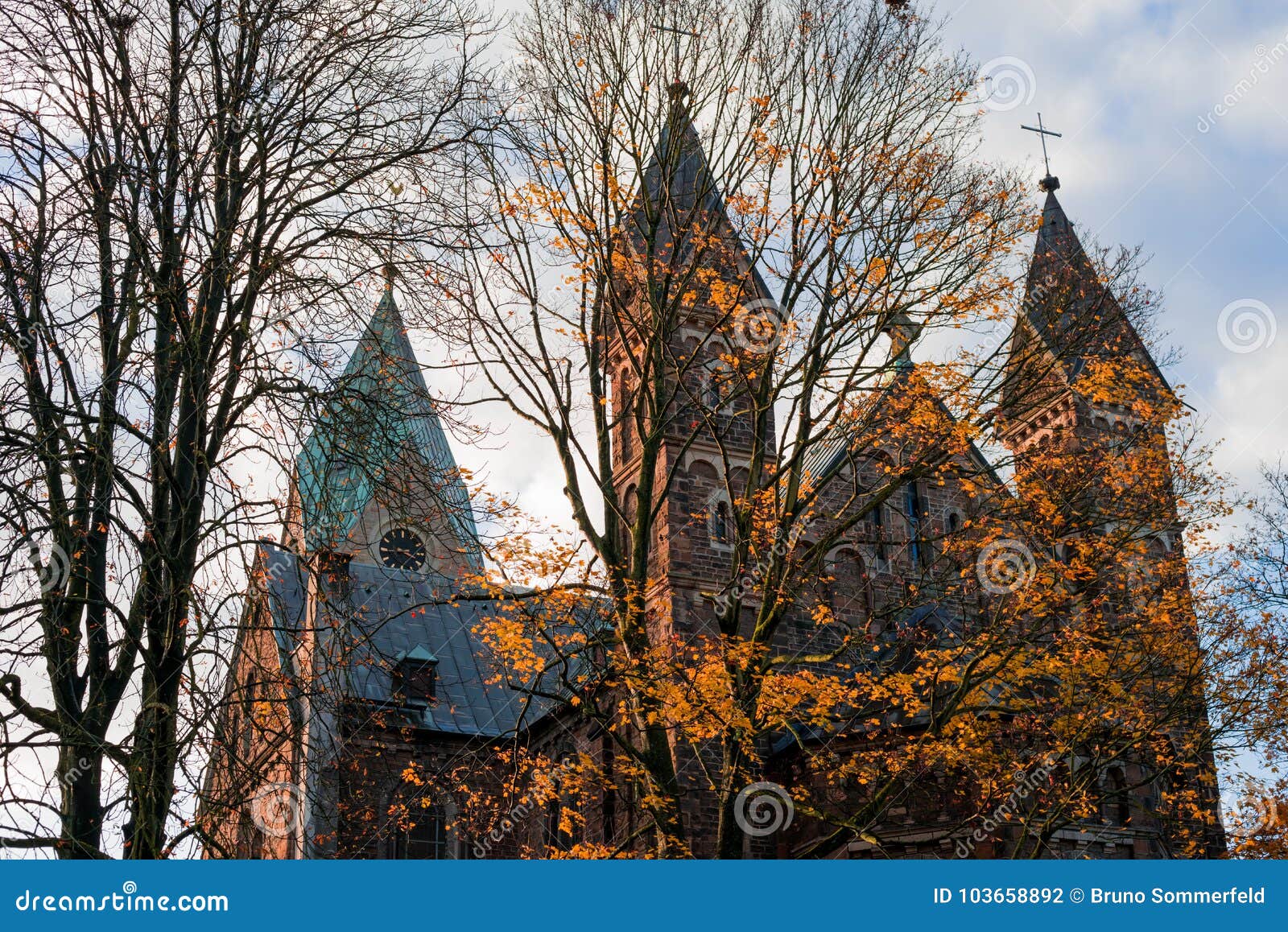 Church in fall trees stock photo. Image of trees, orange - 103658892