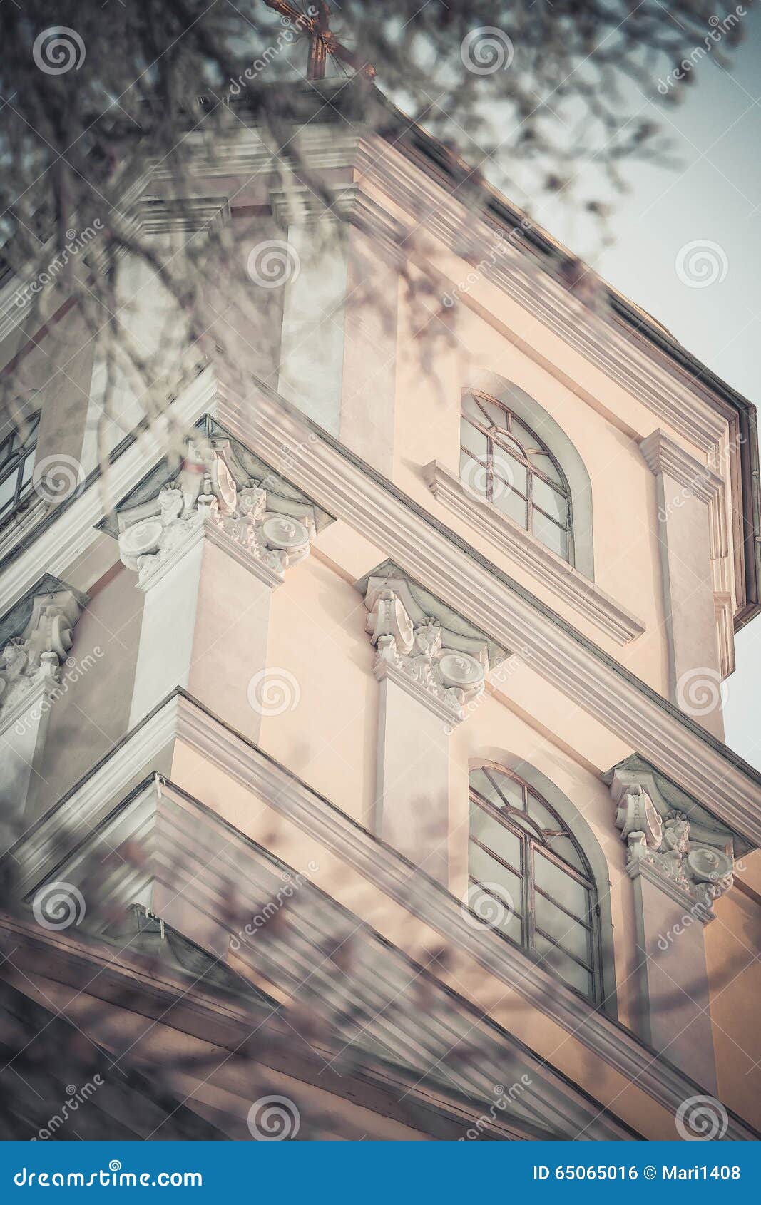 Church Bell Tower with Windows Close Stock Photo - Image of blue, pink ...
