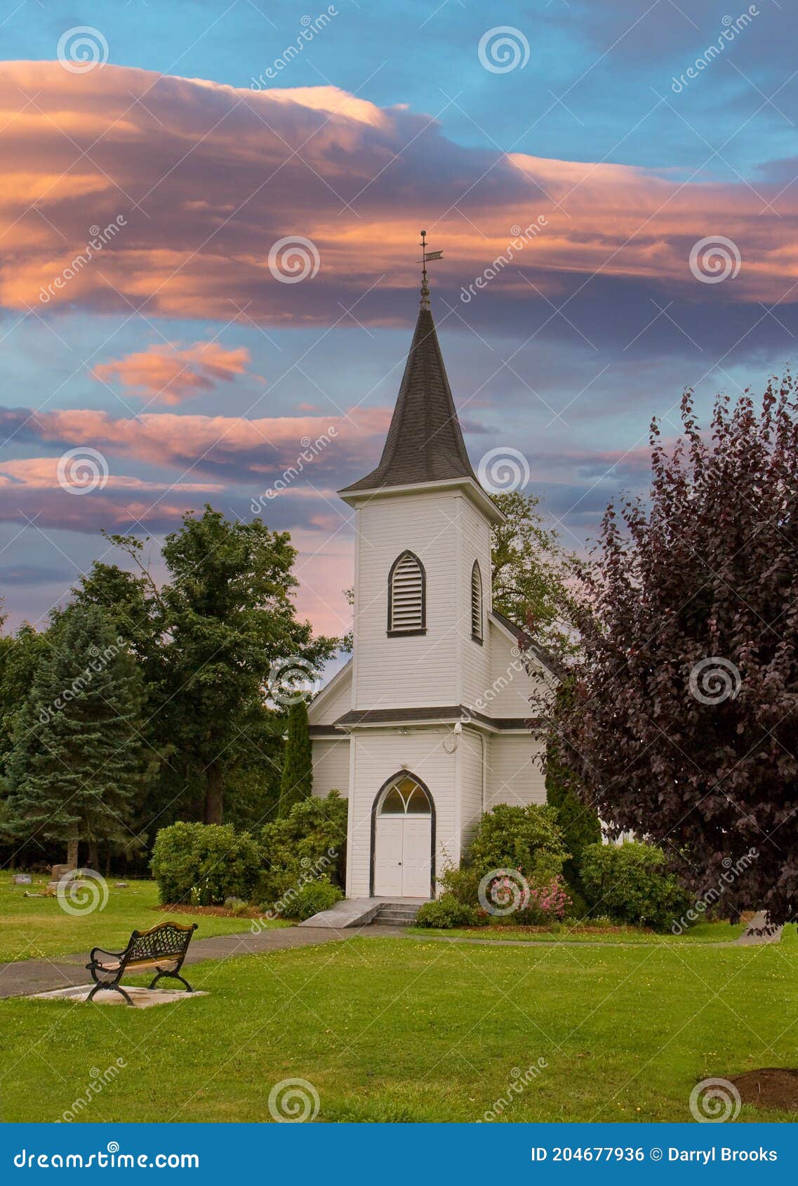 Church and Bench at Dusk stock photo. Image of christianity - 204677936