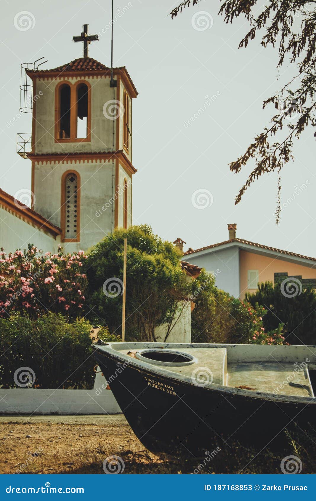 Church and Boat on Beach, Greece. Editorial Stock Photo - Image of ...