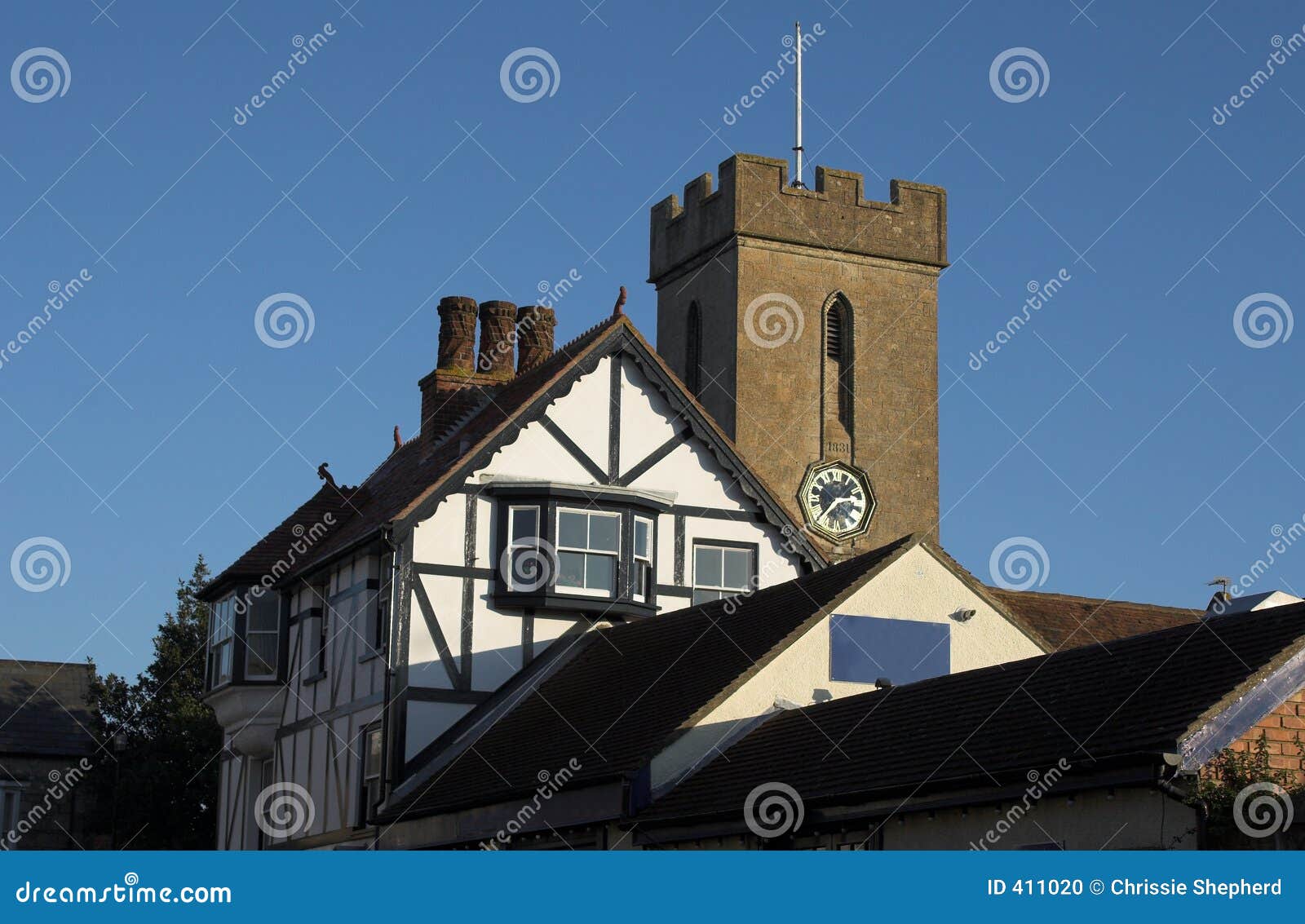 Church Clock Tower with Timber Building Stock Photo - Image of tower ...
