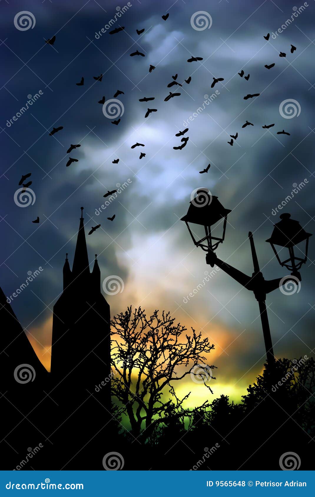 Church on Colorful Clowdy Sky Illustration Stock Illustration ...