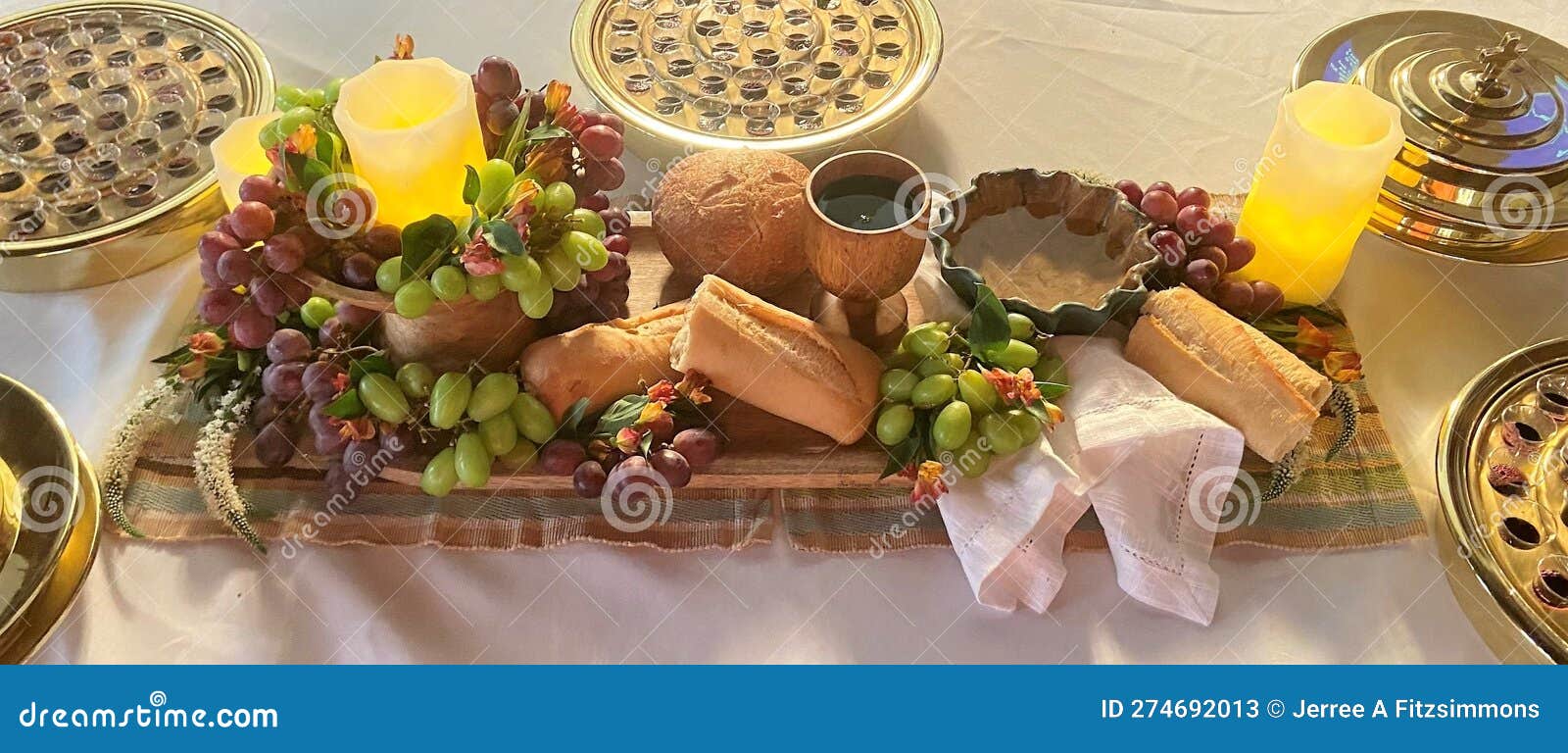 Church Communion Bread And Wine, Candles, Crosses And Bibles Royalty ...