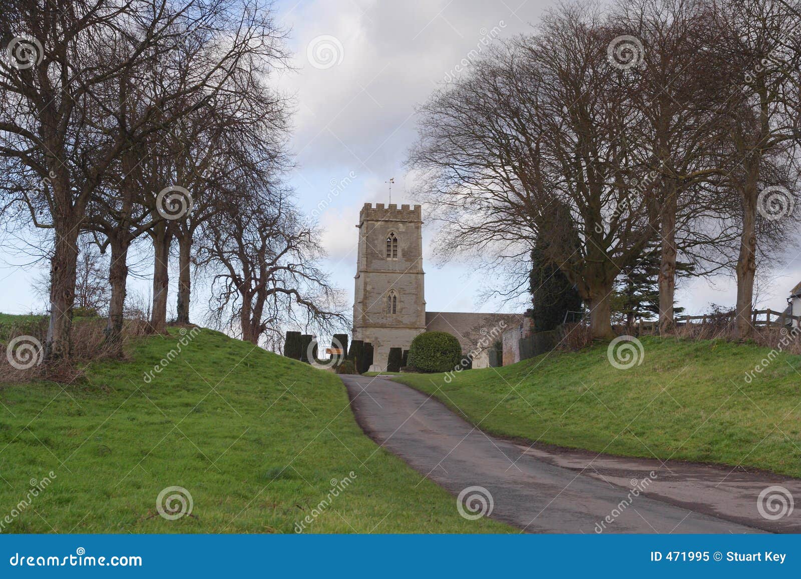 Church at the End of the Road Stock Image - Image of lane, tree: 471995