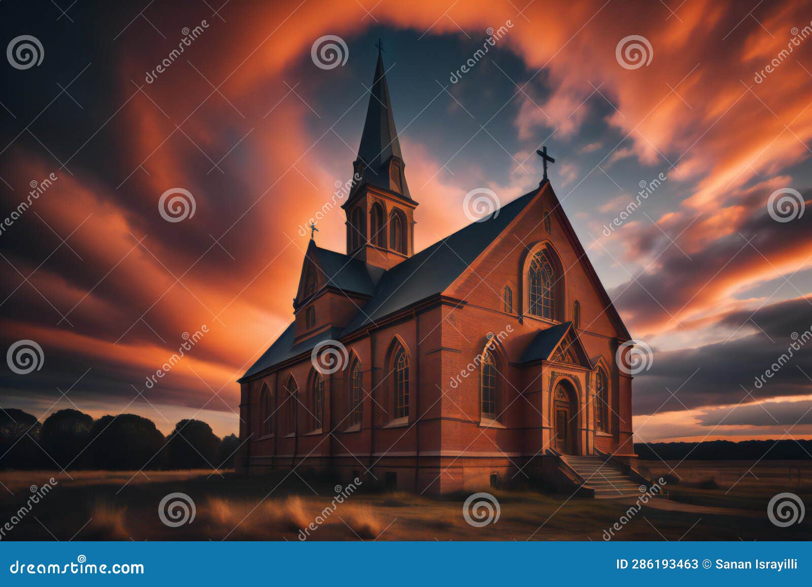 Church in the Field at Sunset. Dramatic Sky. Religion Concept Stock ...