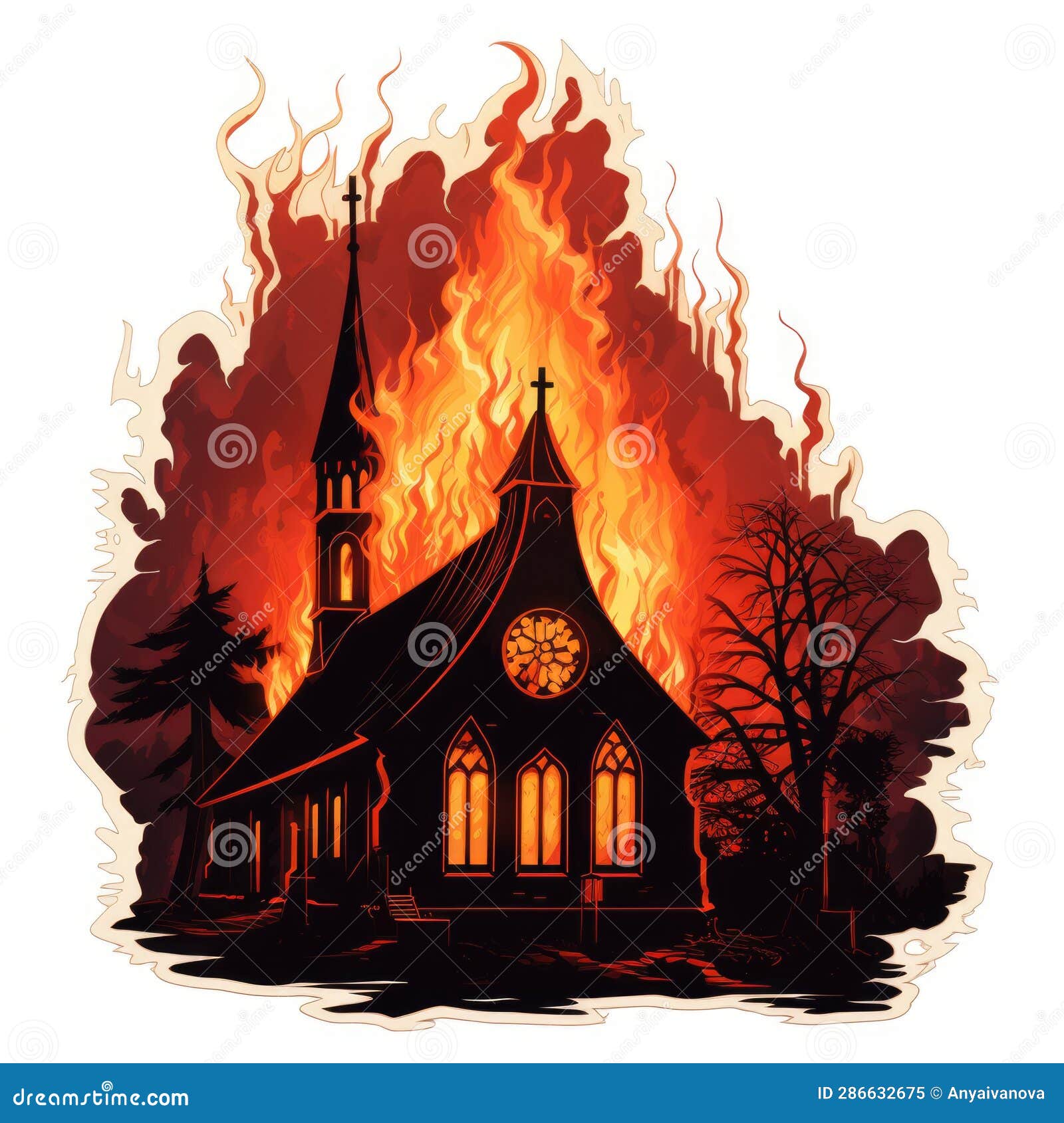 A Church on Fire with a Clock on it. Stock Illustration - Illustration ...