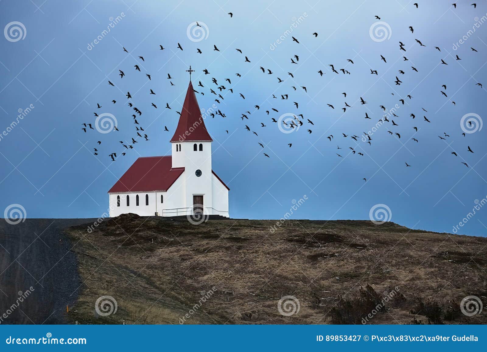 Church and flock of birds stock image. Image of protestant - 89853427