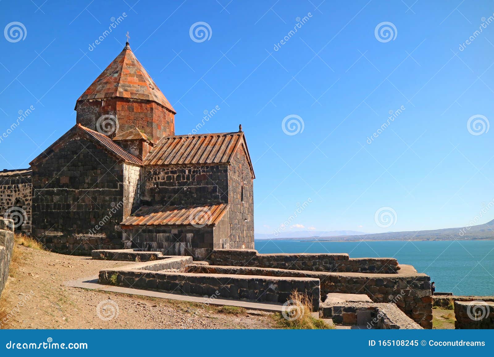 Church of the Mother of God or Surp Astvatsatsin in Sevanavank Monastery on the Cliff of Lake ...