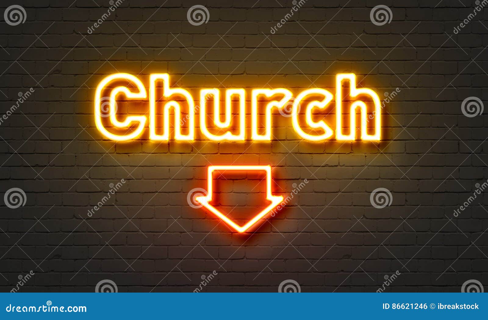 Church Neon Sign on Brick Wall Background. Stock Photo - Image of ...