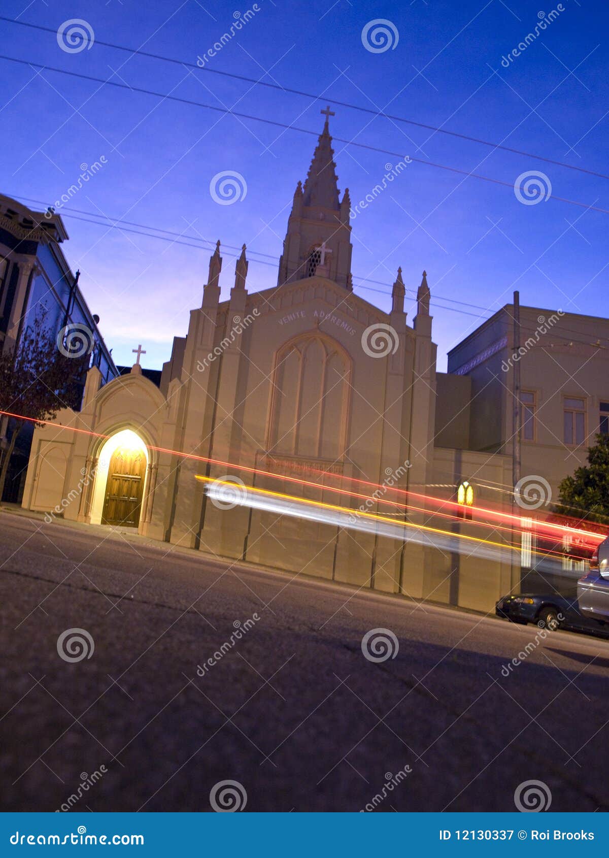 Church at night stock image. Image of entrance, glow - 12130337