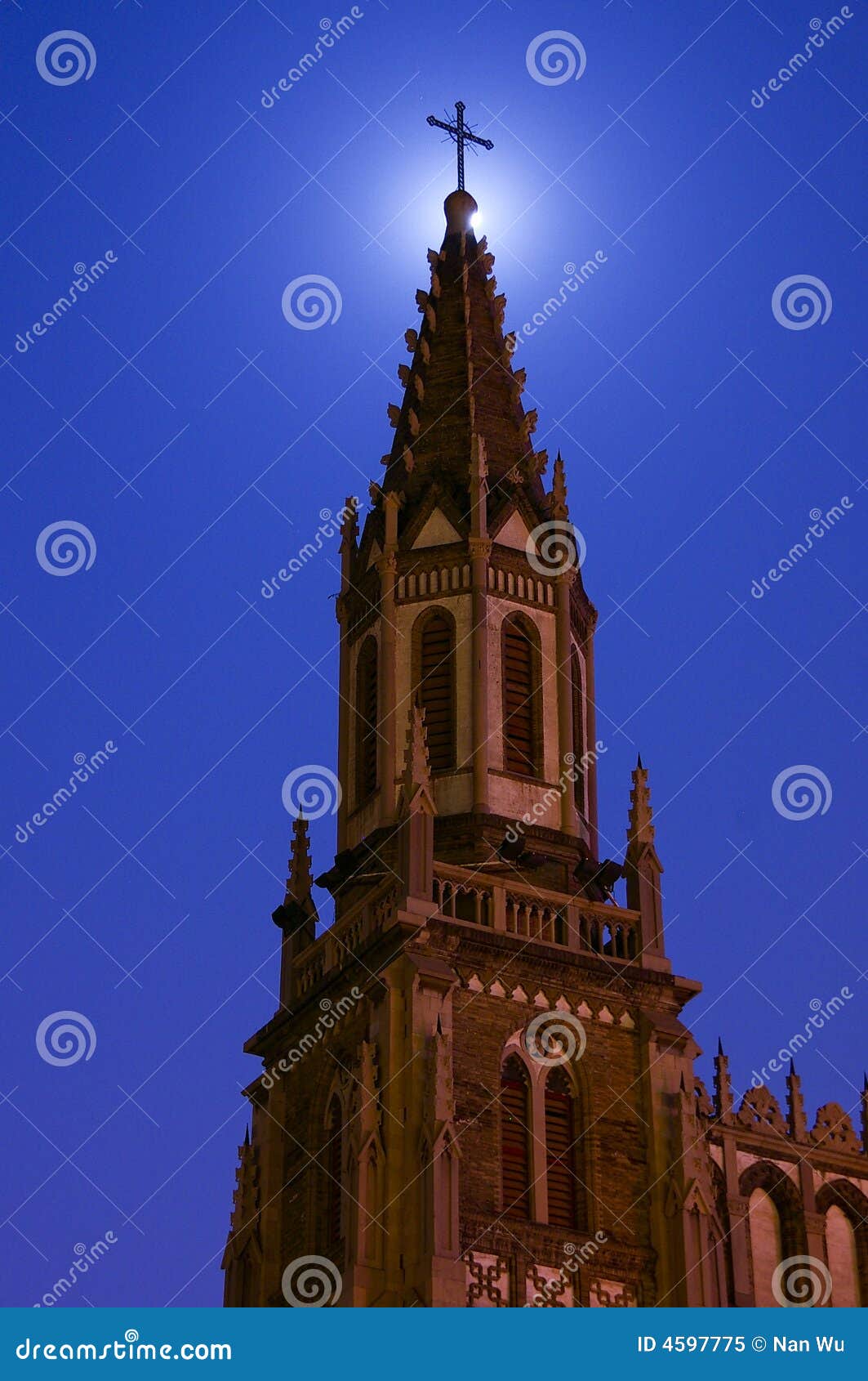 Church in the Night with Full Moon Stock Image - Image of cross, moon ...