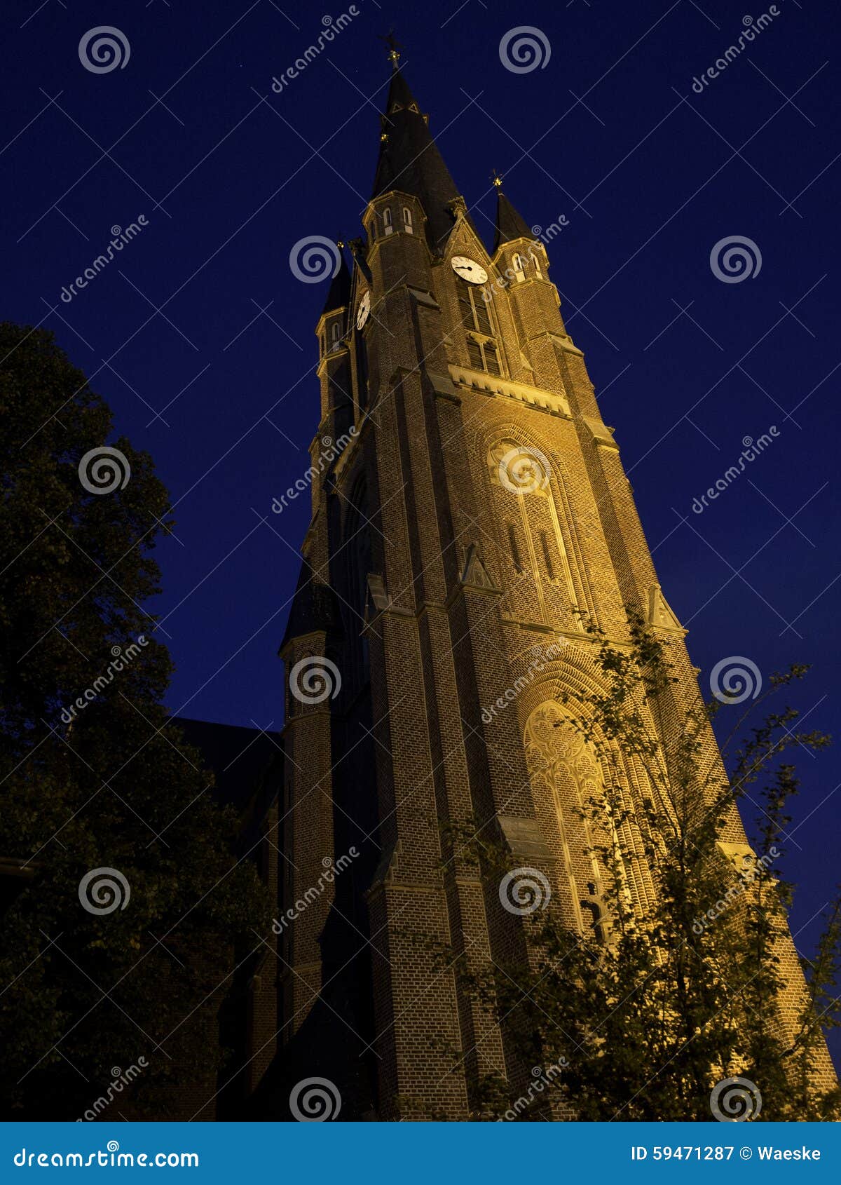 Church stock image. Image of church, clock, tree, night - 59471287