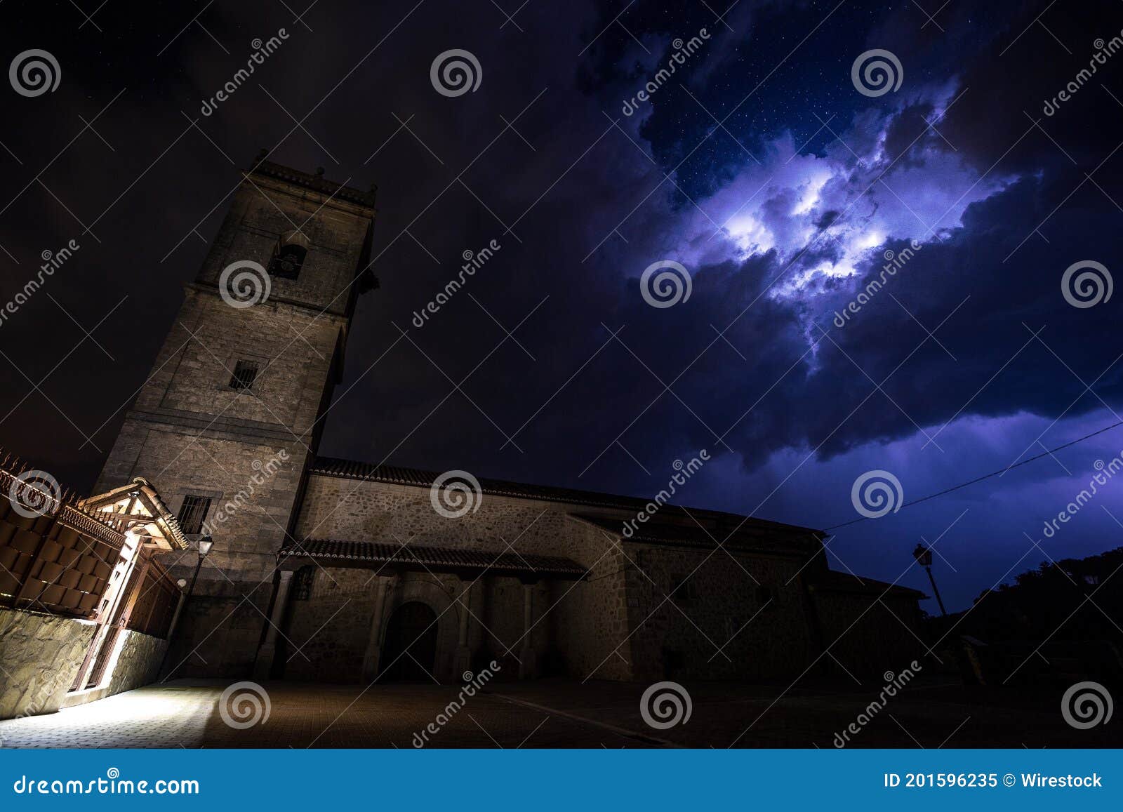 Church at Night in a Storm with Lightning through the Clouds Stock ...