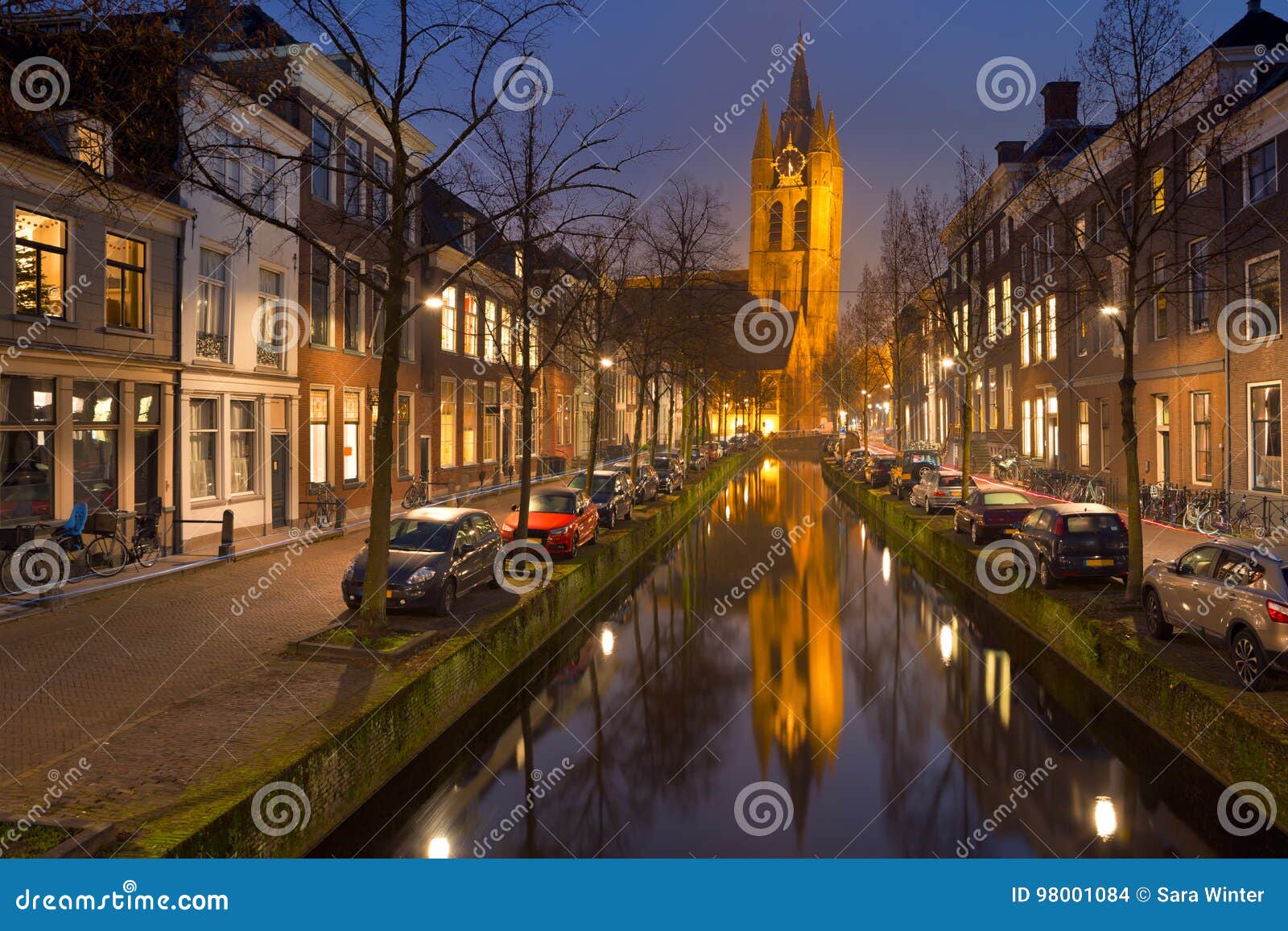 Church Reflected in a Canal in Delft, the Netherlands Stock Photo ...