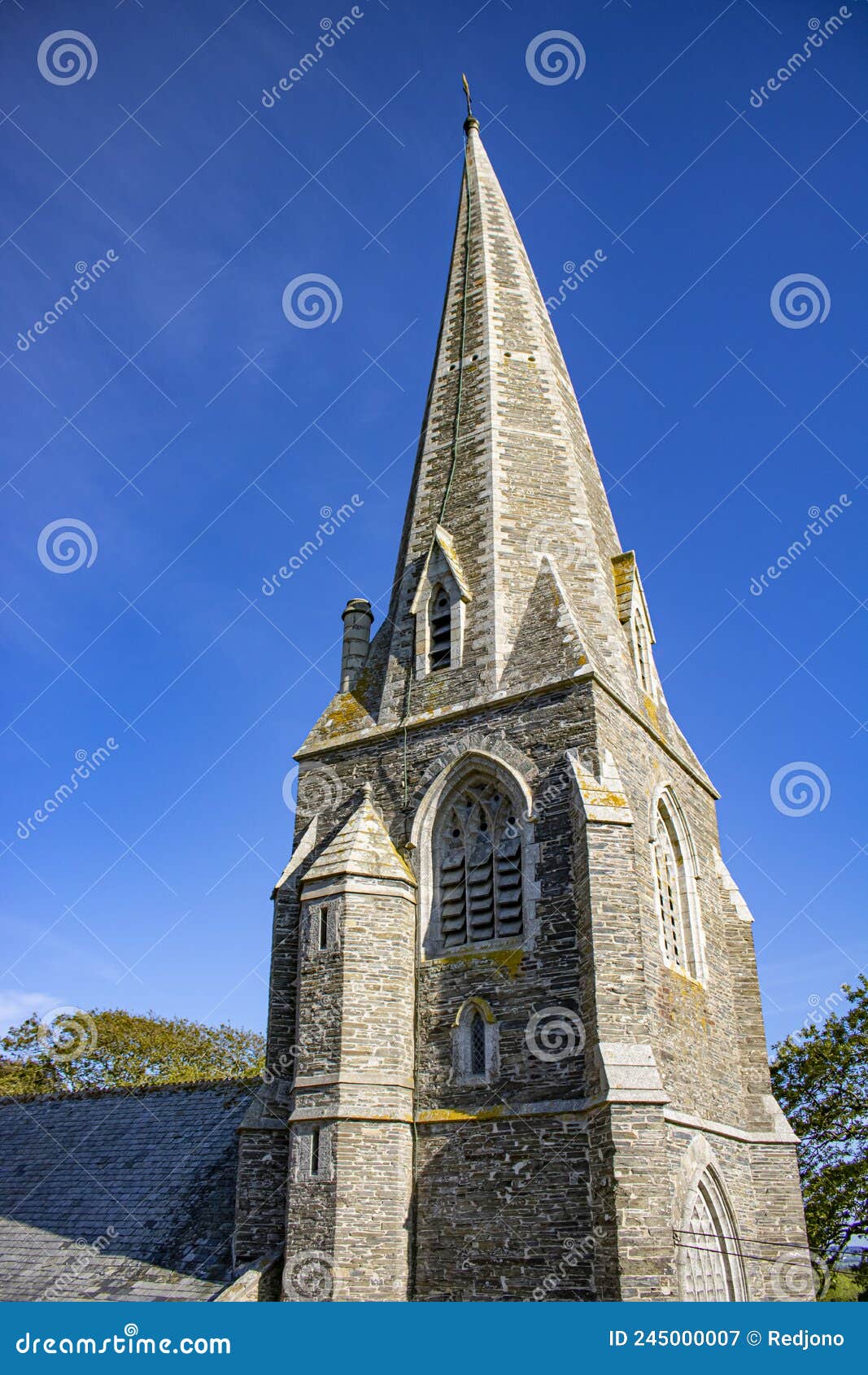 St Minver Church with Bent Spire in Bright Sunlight Stock Image - Image ...