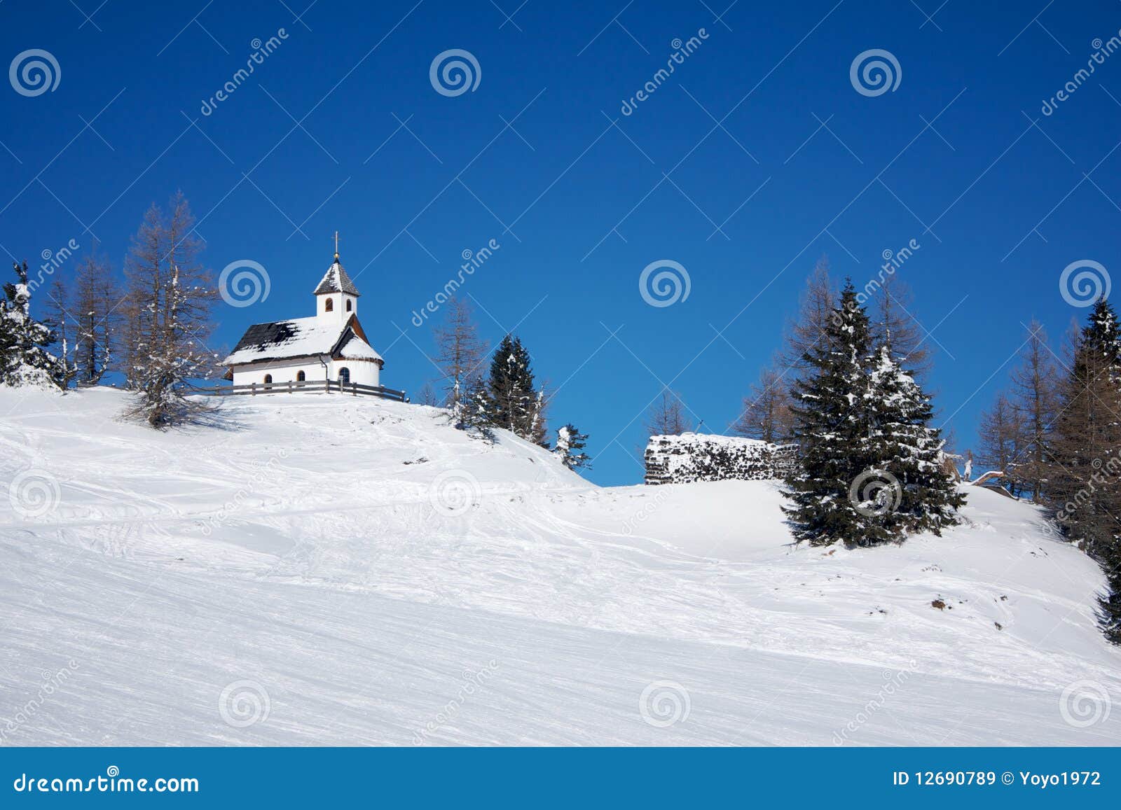 Church on the ski slope. stock image. Image of pile, february - 12690789