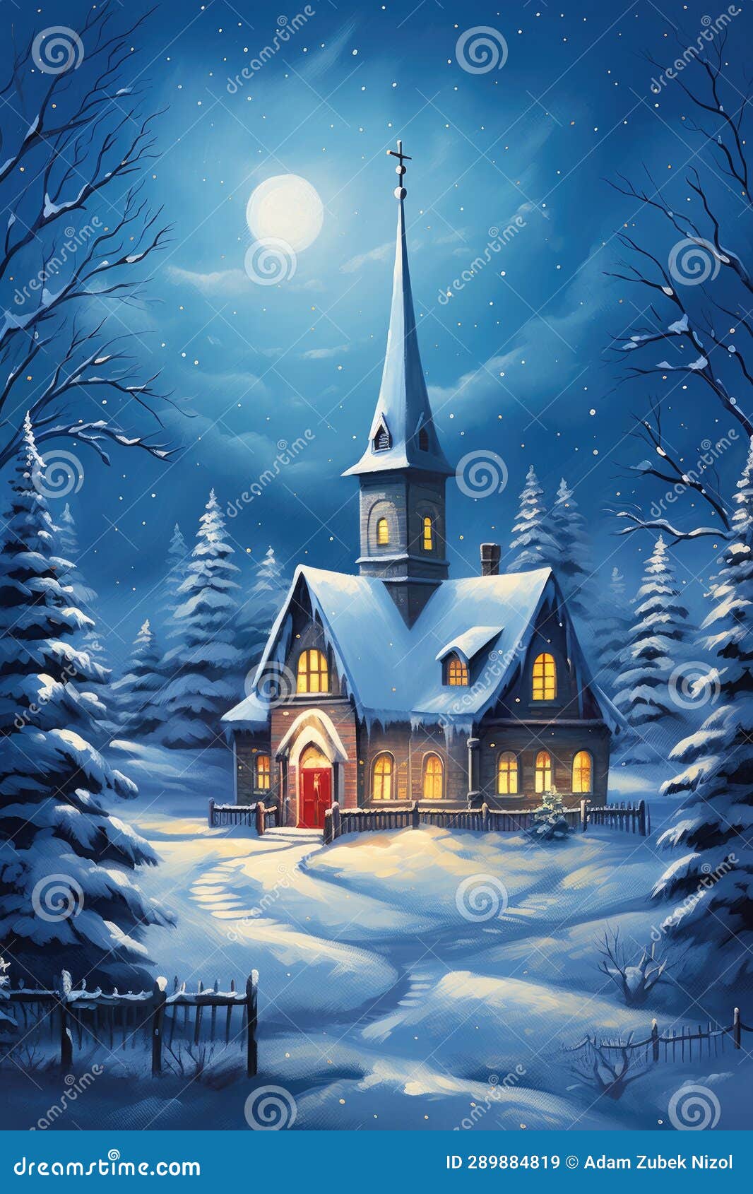 A church in the snow stock illustration. Illustration of tree - 289884819