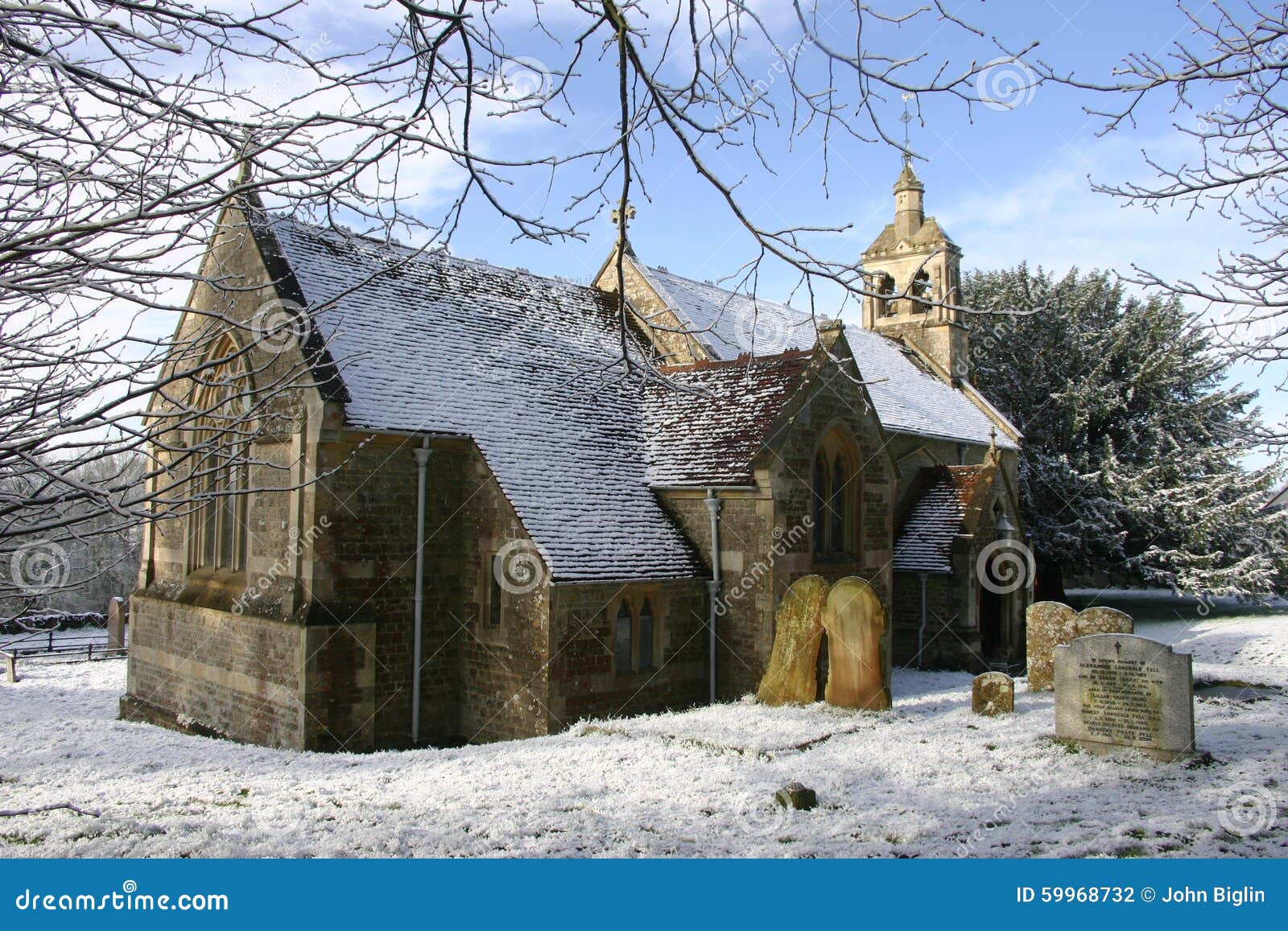 Church in snow stock photo. Image of headstones, weather - 59968732