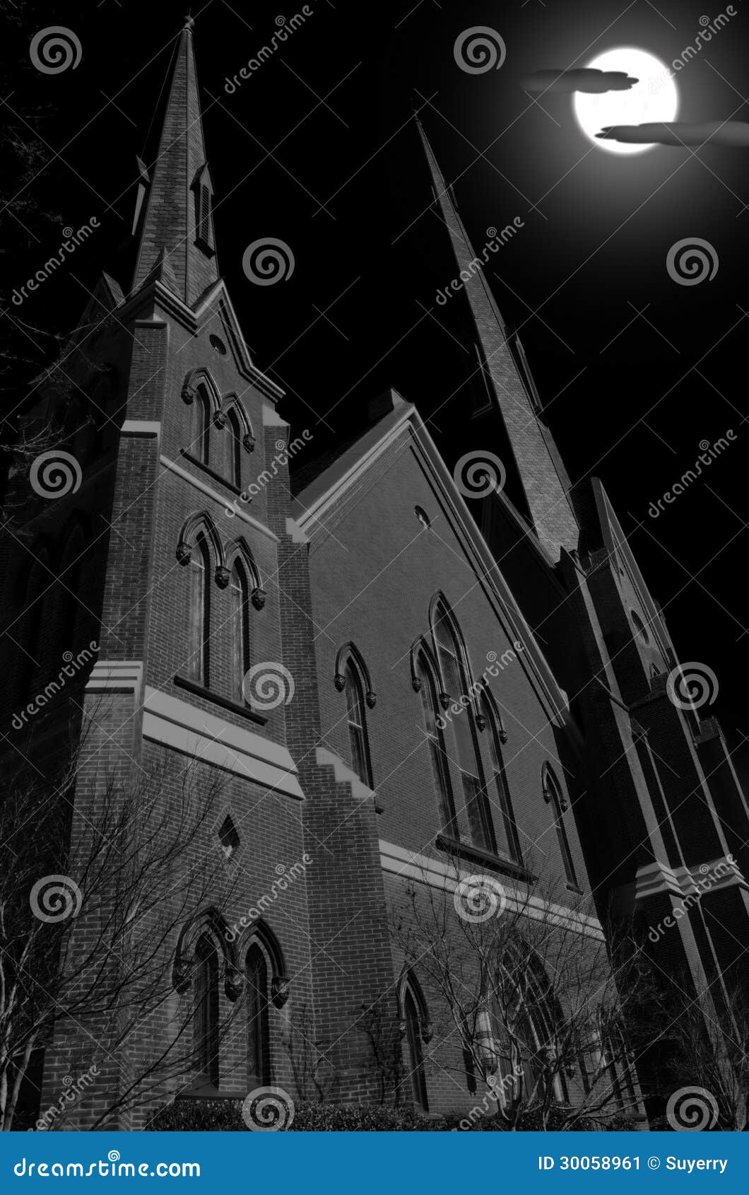 Church Steeples during Full Moon on a Dark Night Stock Image - Image of ...